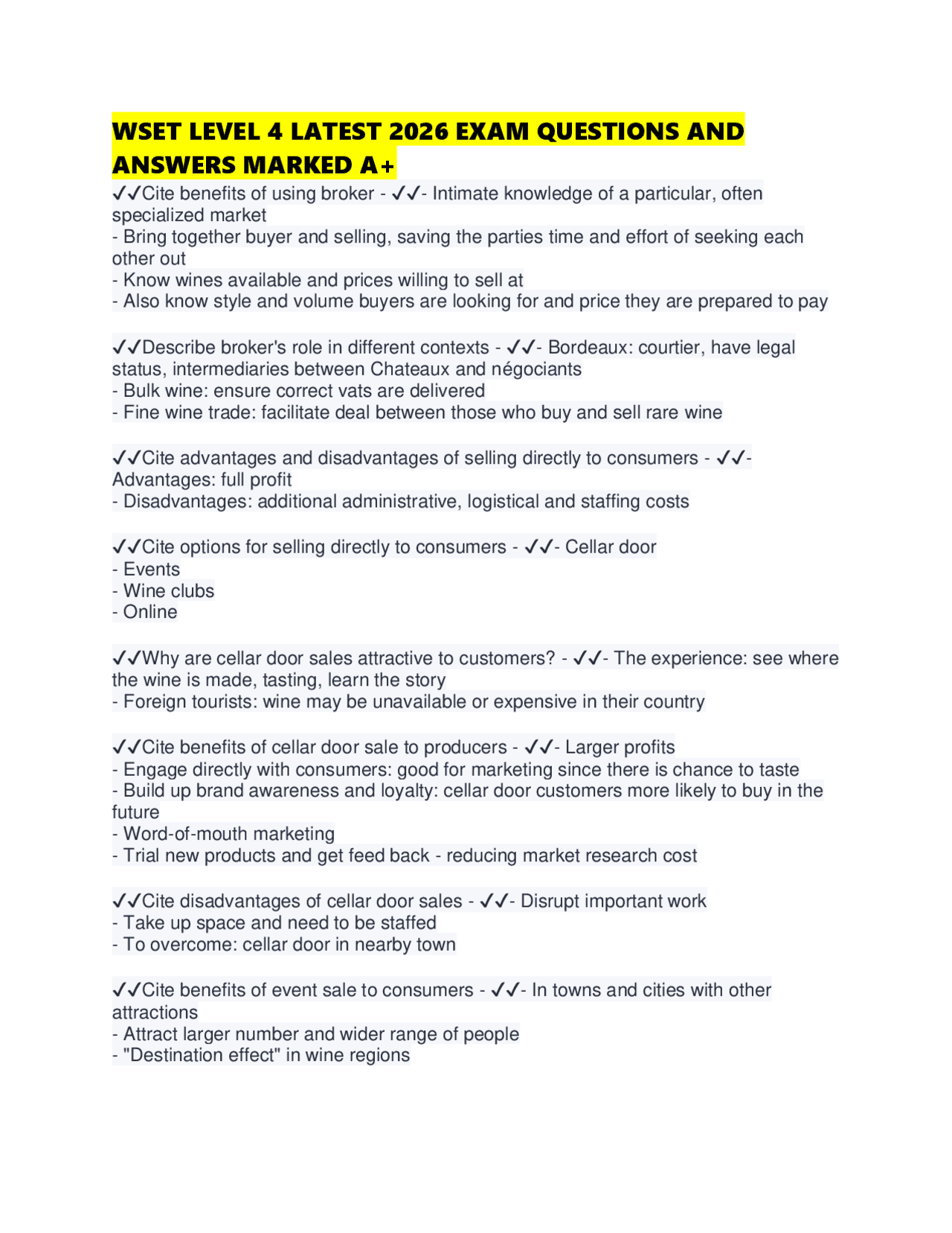 WSET LEVEL 4 LATEST 2026 EXAM QUESTIONS AND ANSWERS MARKED A+ | Exams ...