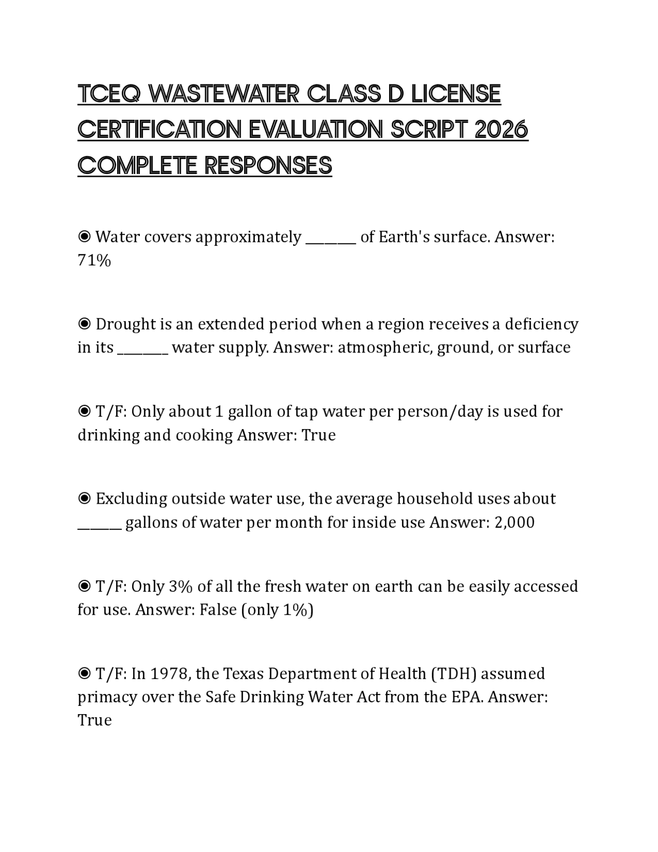 TCEQ WASTEWATER CLASS D LICENSE CERTIFICATION EVALUATION SCRIPT 2026 ...