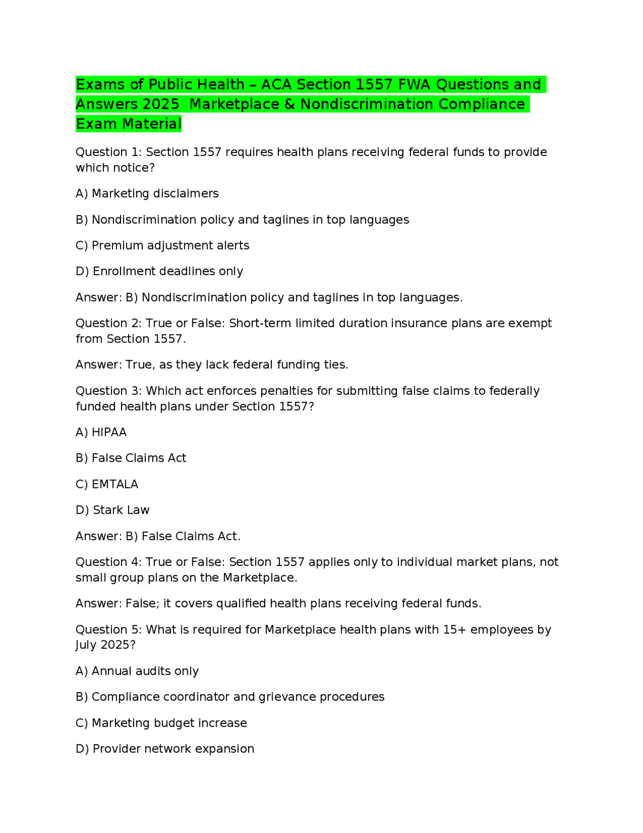 Exams of Public Health ACA Section 1557 FWA Questions and Answers 2025 ...