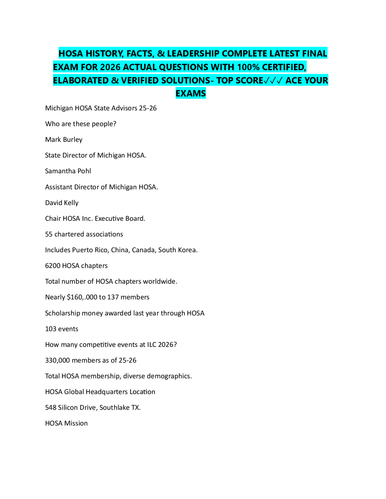 HOSA HISTORY, FACTS, & LEADERSHIP COMPLETE LATEST FINAL EXAM FOR 2026 ...