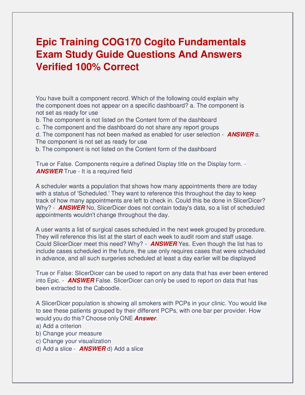 Epic Training COG170 Cogito Fundamentals Exam Study Guide Questions And ...
