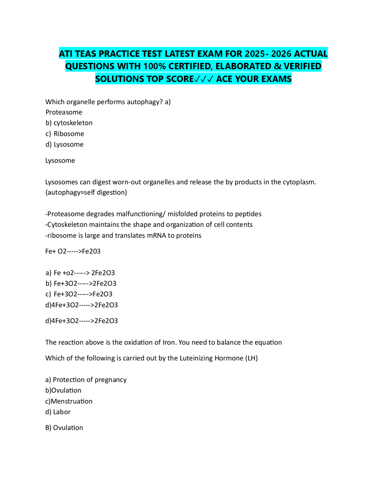 ATI TEAS PRACTICE TEST LATEST EXAM FOR 2025- 2026 ACTUAL QUESTIONS WITH ...