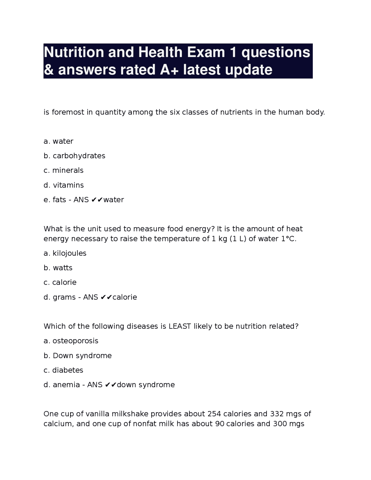 Nutrition and Health Exam 1 questions & answers rated A+ latest update ...