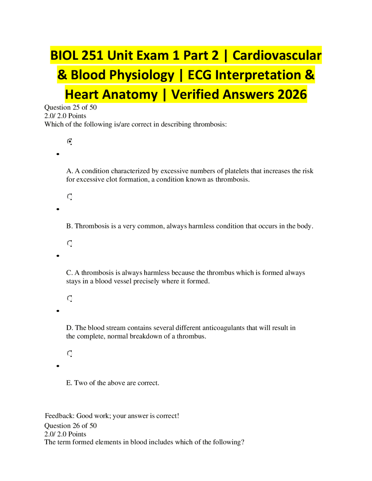 BIOL 251 Unit Exam 1 Part 2 | Cardiovascular & Blood Physiology | ECG ...