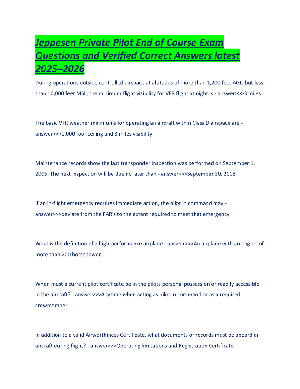 Jeppesen Private Pilot End of Course Exam Questions and Verified ...
