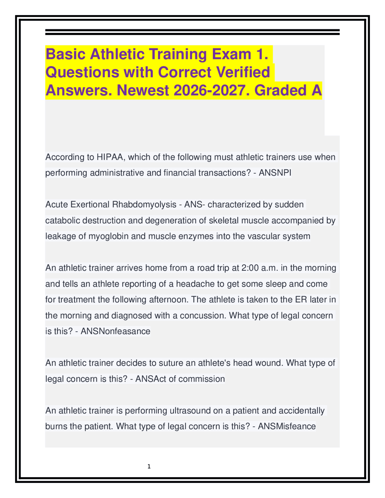 Basic Athletic Training Exam 1. Questions with Correct Answers. Newest ...