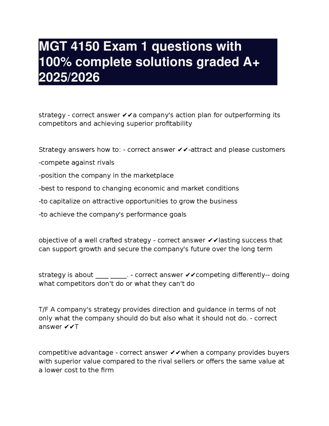 MGT 4150 Exam 1 questions with 100% complete solutions graded A+ 2025 ...