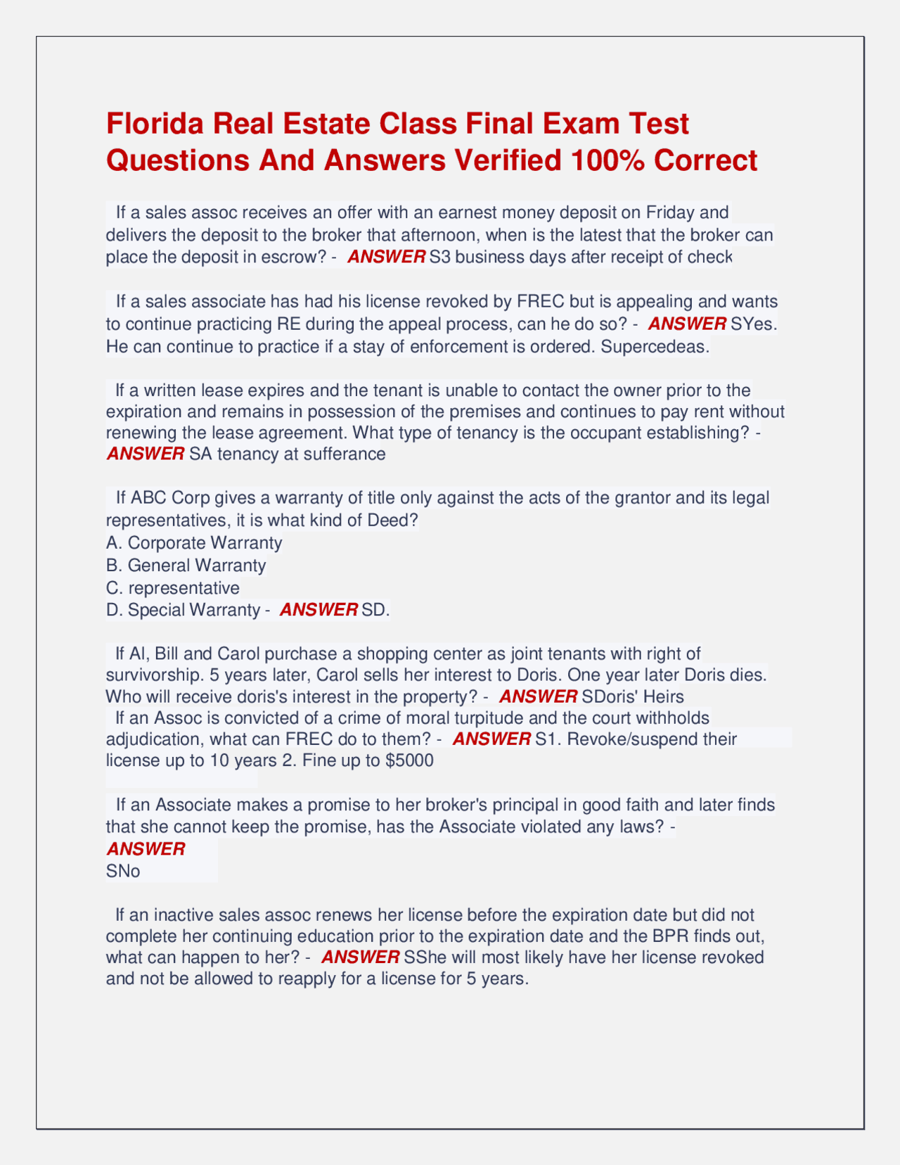 Florida Real Estate Class Final Exam Test Questions And Answers ...
