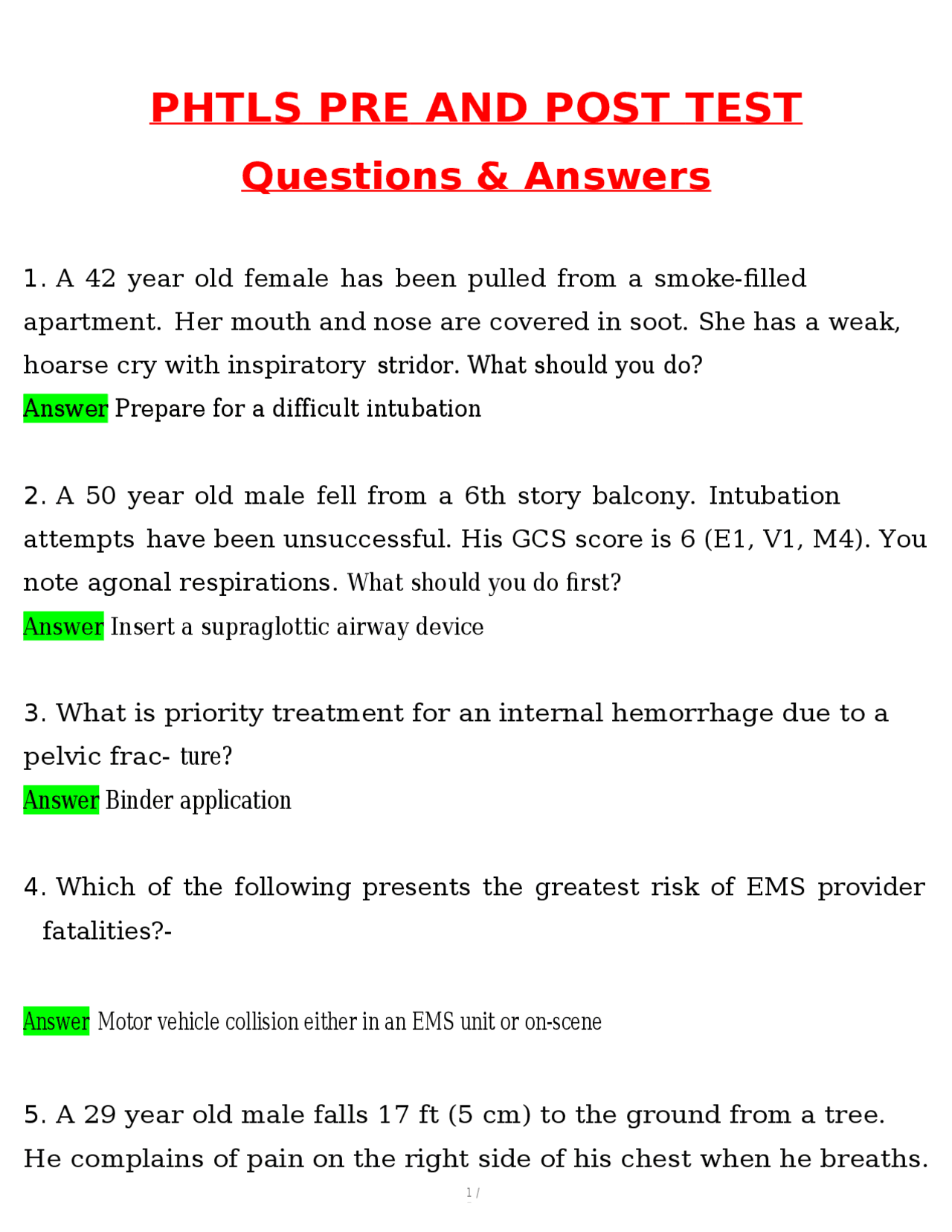 PHTLS Pre and Post Test (Latest 2026 / 2027 Update) Questions and ...