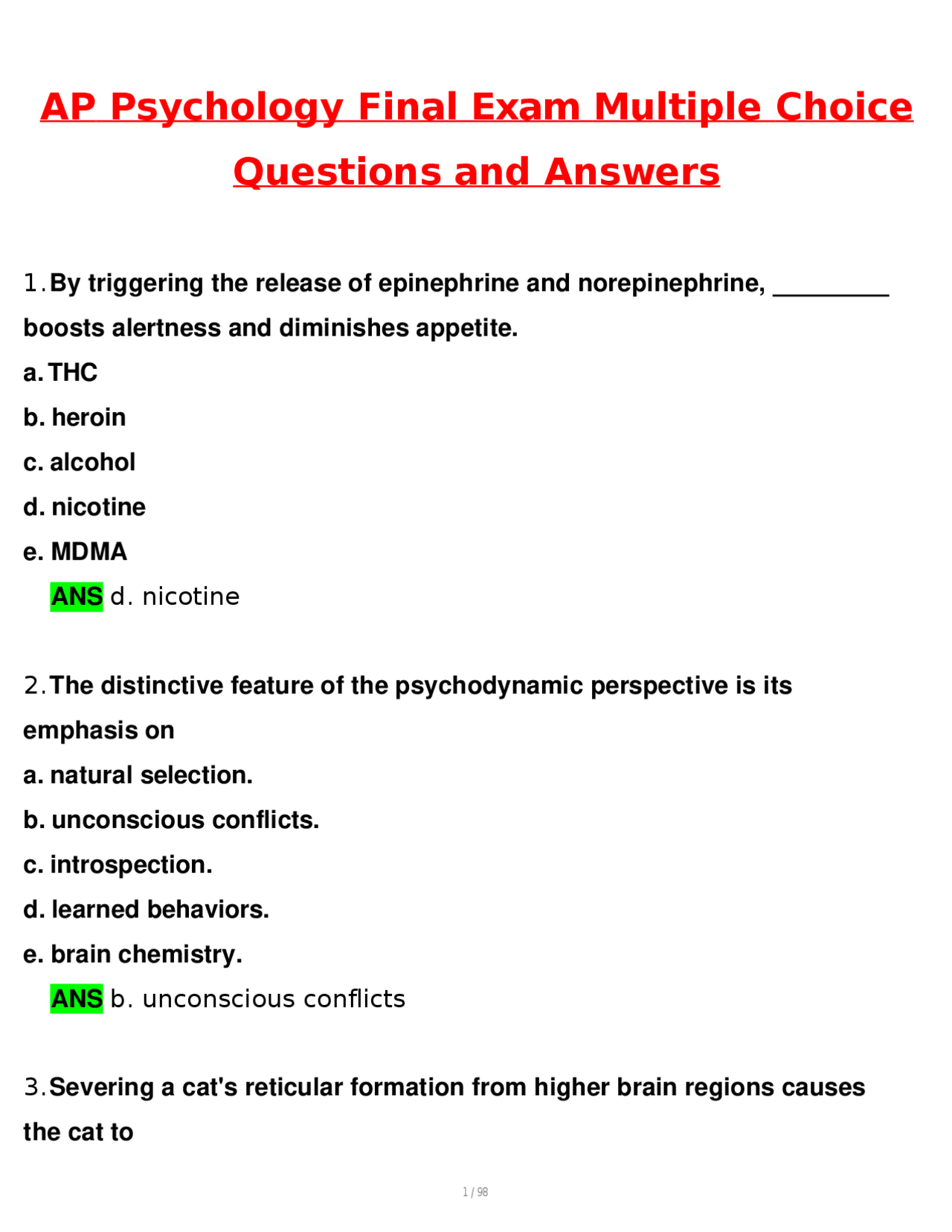 AP Psychology Final Exam Multiple Choice 2026 Questions and Verified ...