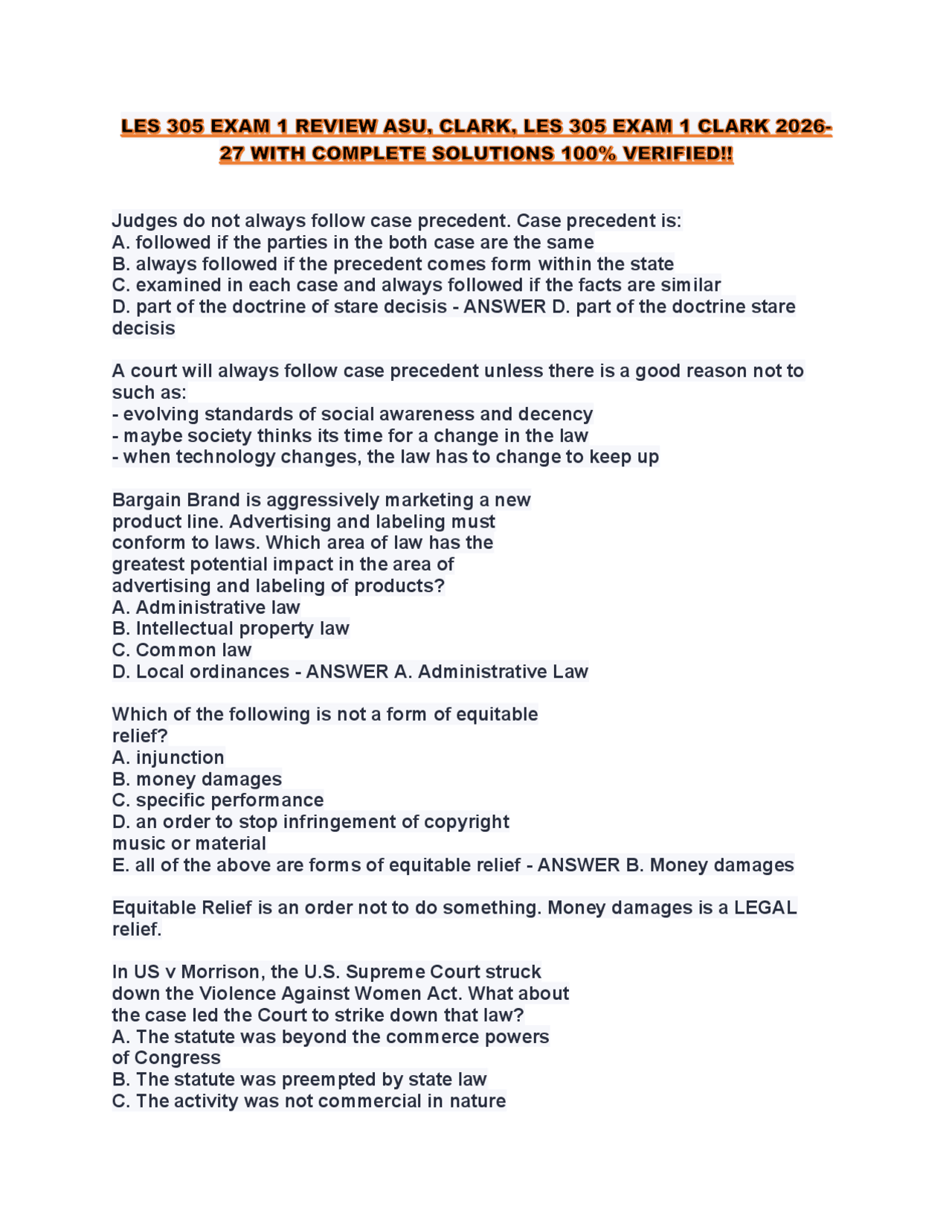 LES 305 EXAM 1 REVIEW ASU, CLARK, LES 305 EXAM 1 CLARK 2026-27 WITH ...