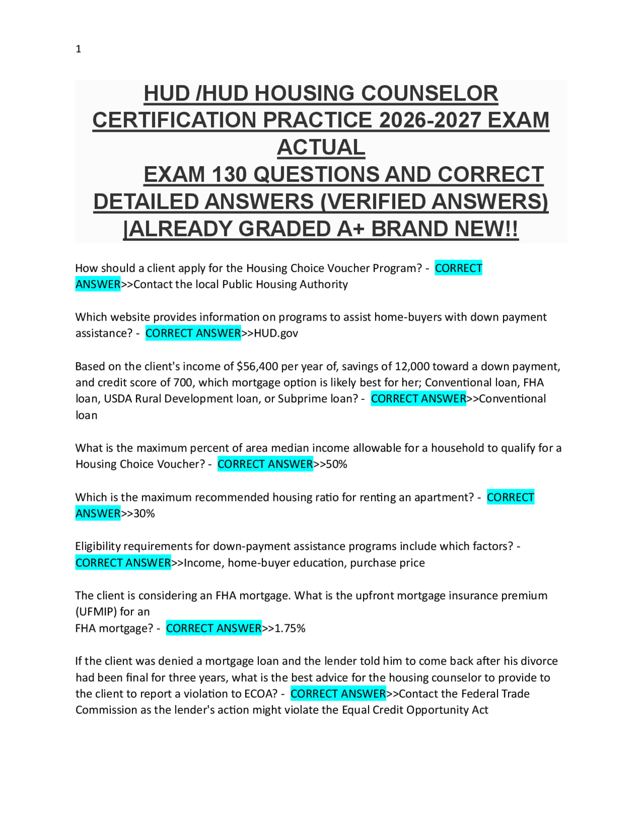 HUD /HUD HOUSING COUNSELOR CERTIFICATION PRACTICE 2026-2027 EXAM ACTUAL ...