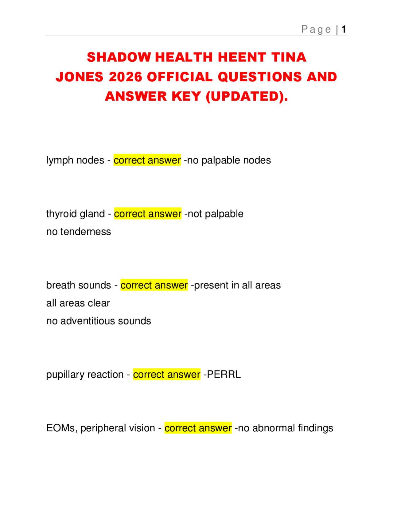 SHADOW HEALTH HEENT TINA JONES 2026 OFFICIAL QUESTIONS AND ANSWER KEY ...