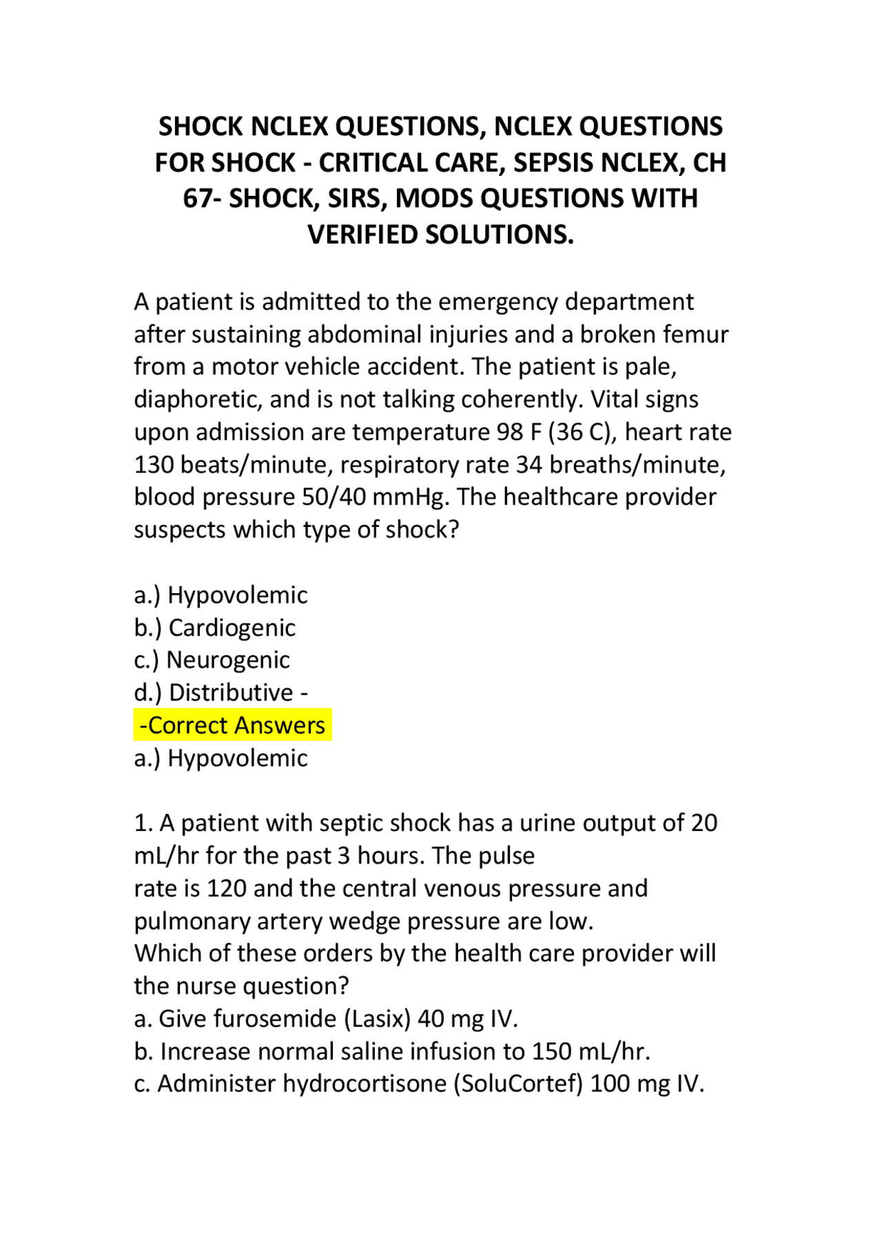 SHOCKNCLEXQUESTIONS, NCLEX QUESTIONS FORSHOCK-CRITICAL CARE, SEPSIS ...