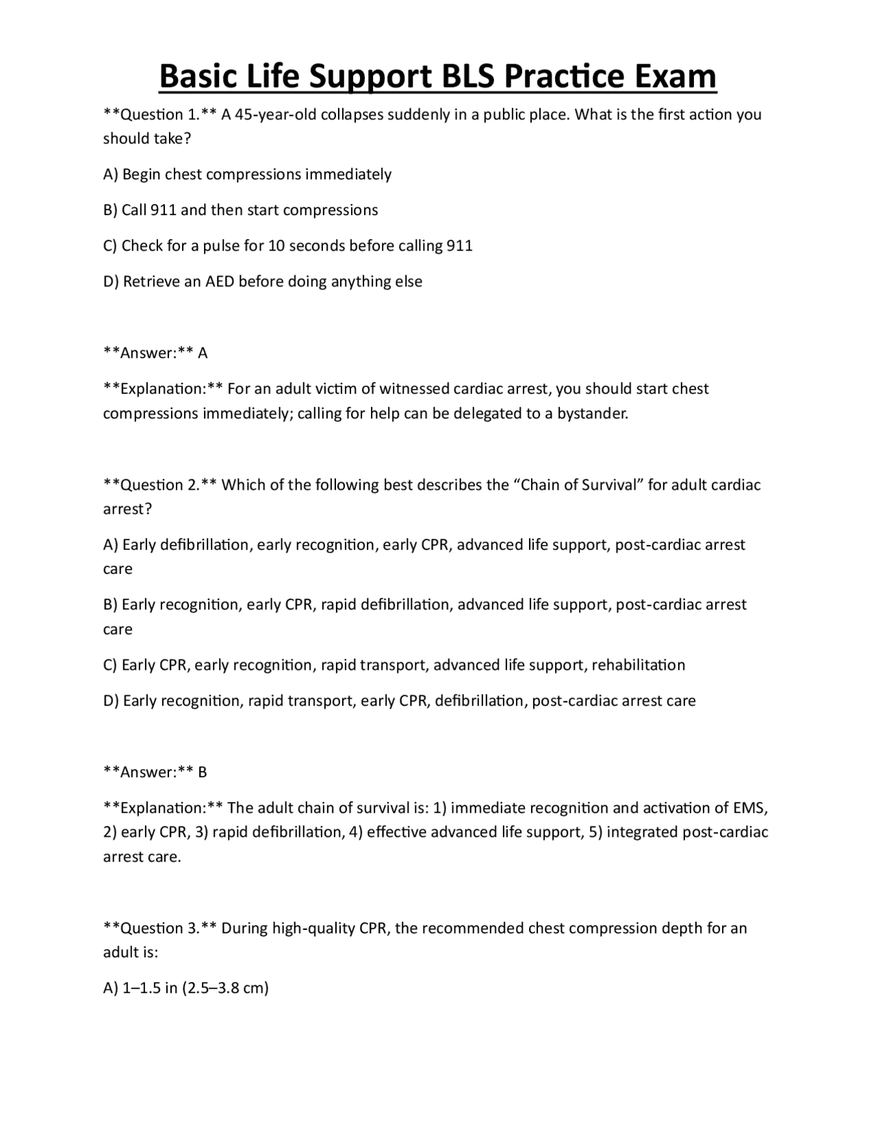 Basic Life Support BLS Practice Exam | Exams Technology | Docsity