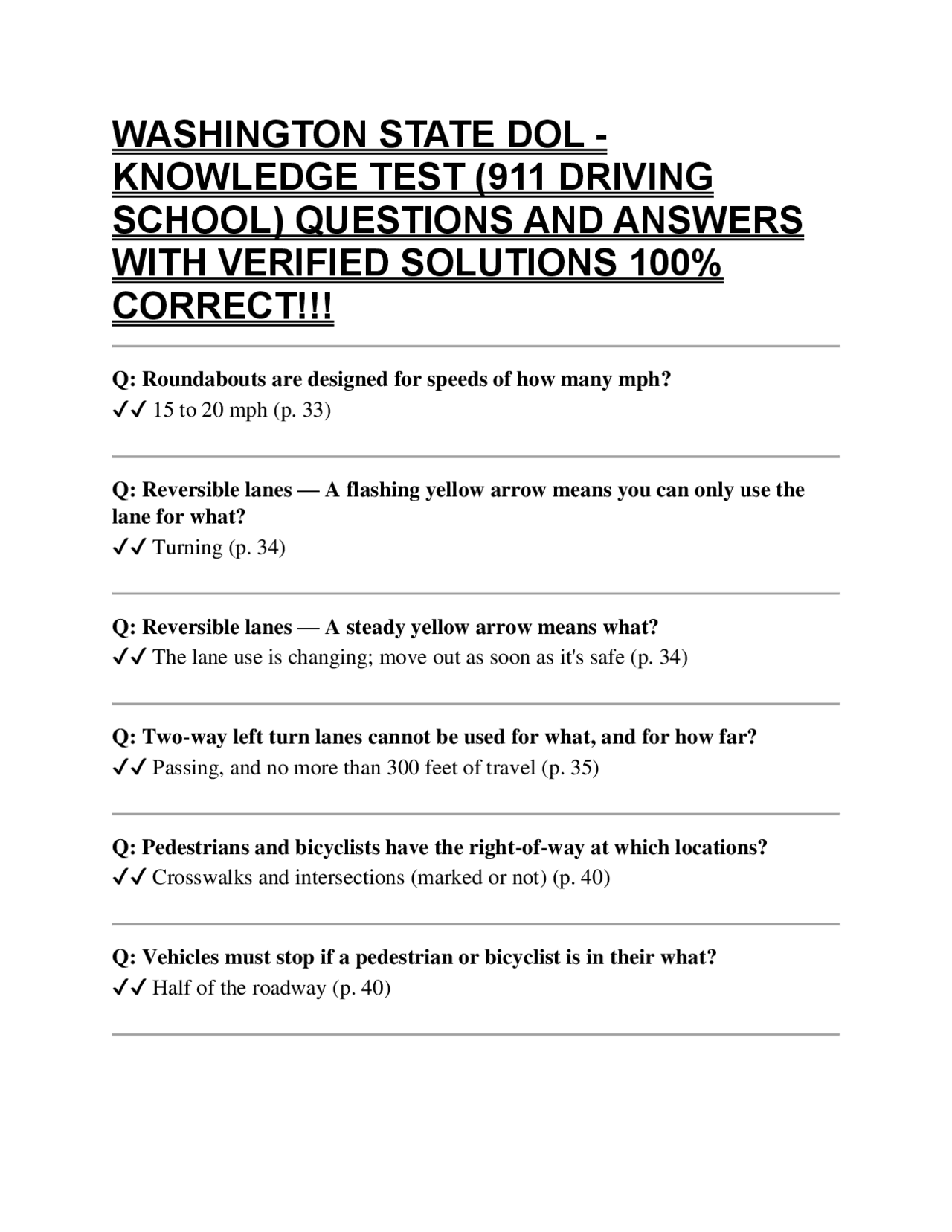 WASHINGTON STATE DOL - KNOWLEDGE TEST (911 DRIVING SCHOOL) QUESTIONS ...