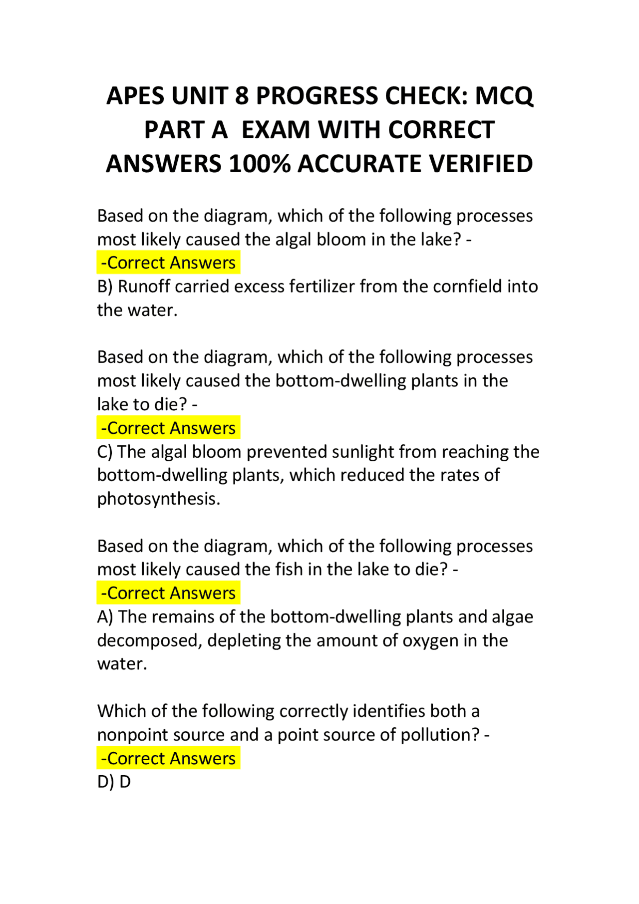 APES UNIT 8 PROGRESS CHECK: MCQ PART A EXAM WITH CORRECT ANSWERS ...