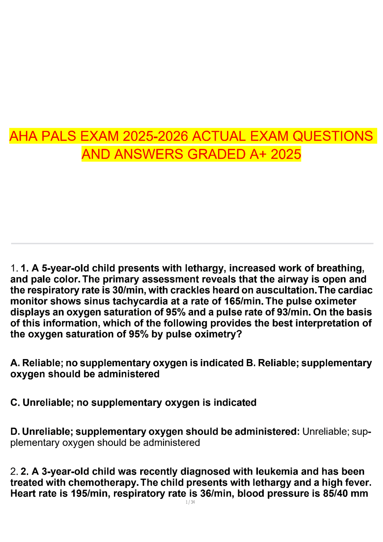 AHA PALS Exam 2025-2026 – Pediatric Advanced Life Support Practice ...