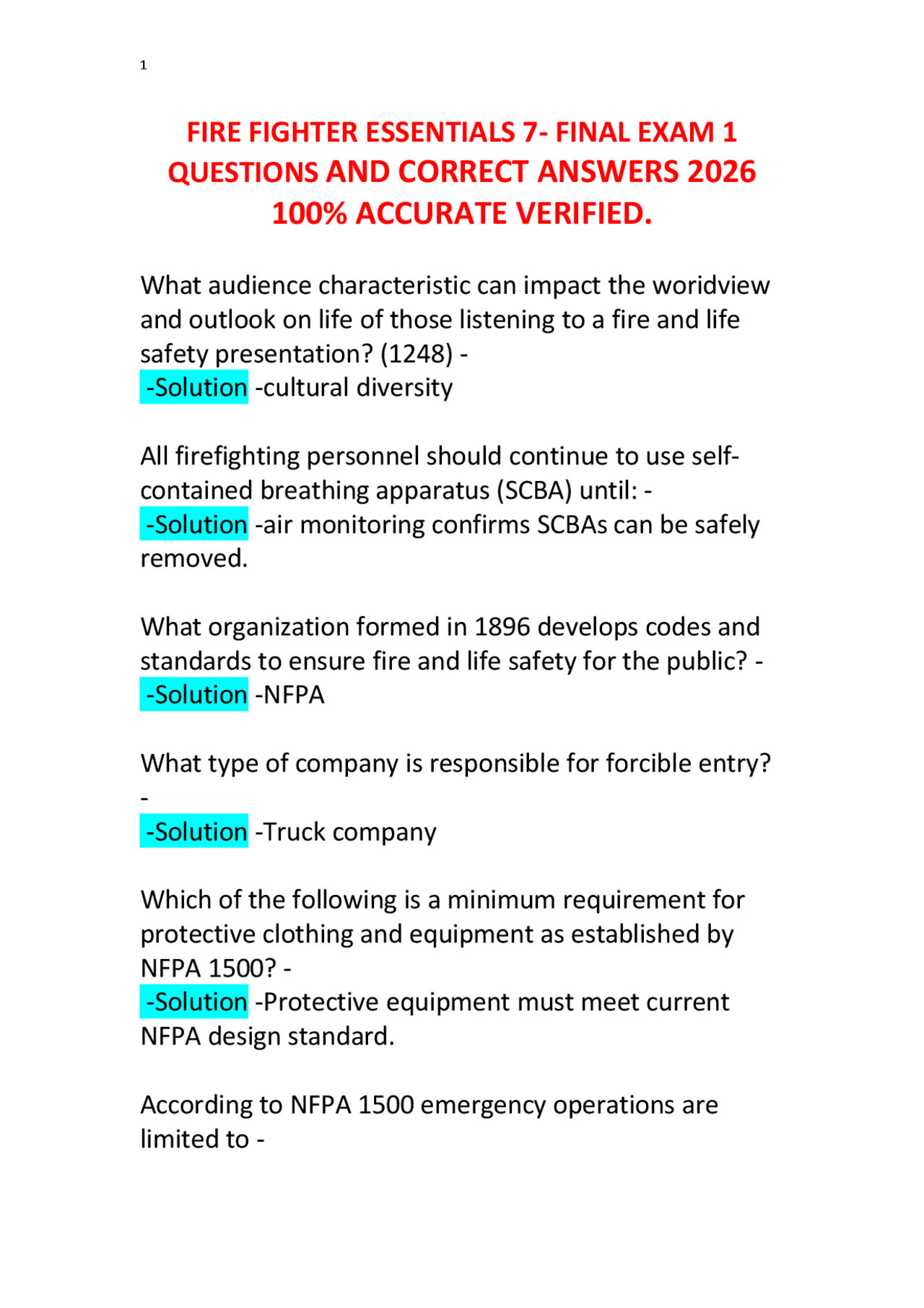 FIRE FIGHTER ESSENTIALS 7- FINAL EXAM 1 QUESTIONS AND CORRECT ANSWERS ...