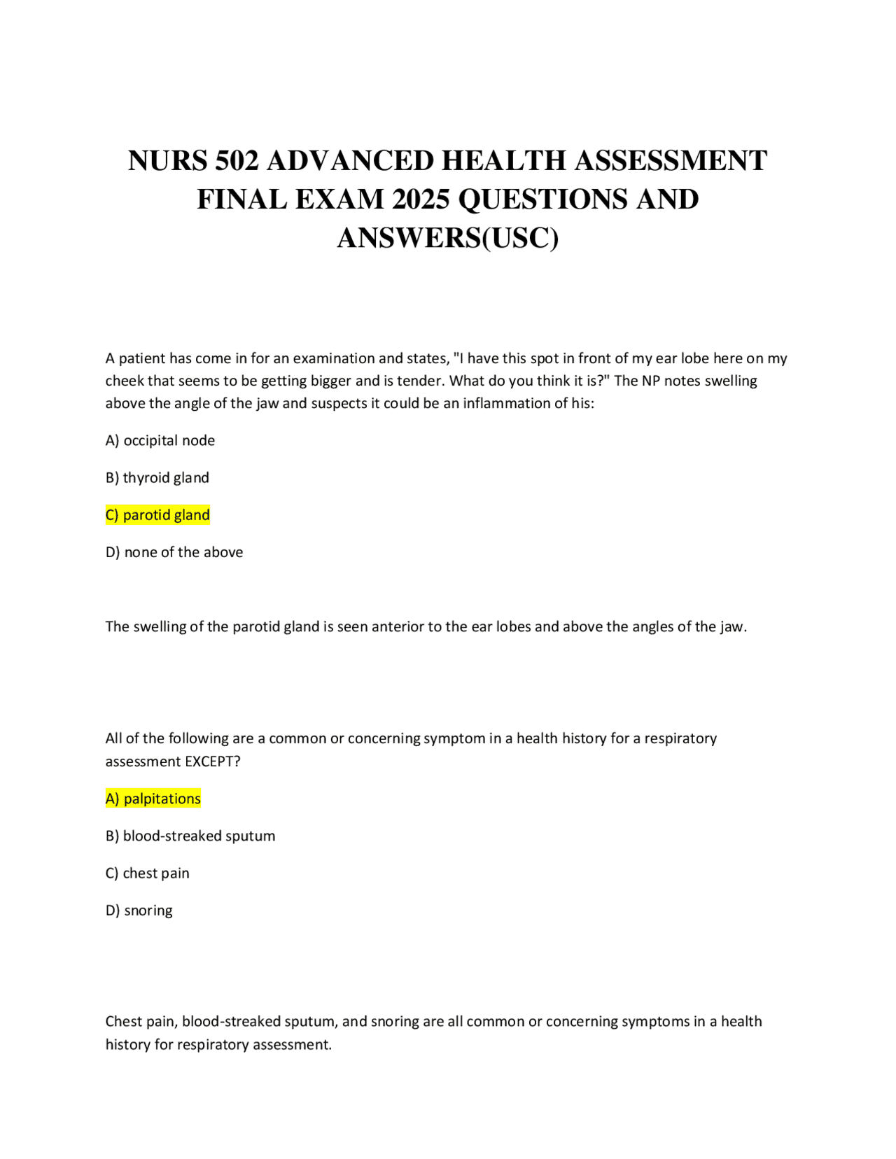 NURS 502 Advanced Health Assessment Final Exam Guide 2025 – USC ...