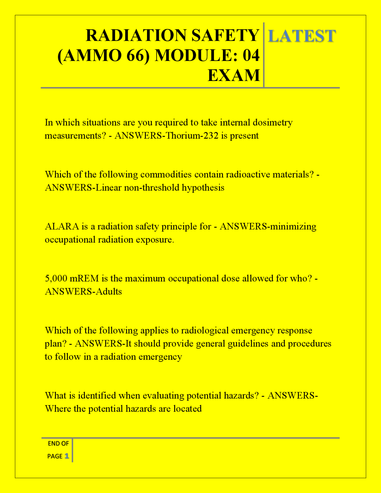 RADIATION SAFETY (AMMO 66) MODULE: 04 EXAM QUESTIONS AND ANSWERS 2026 ...