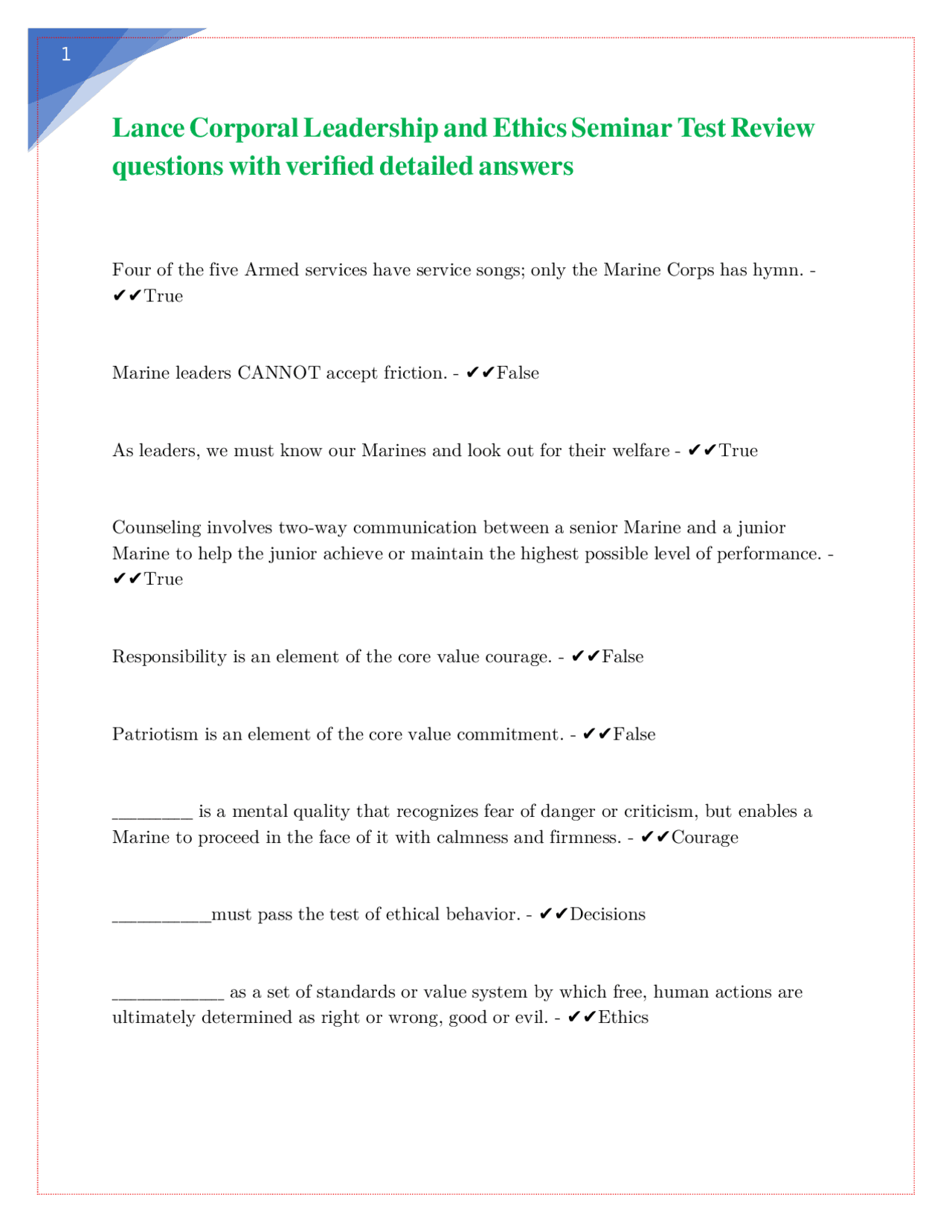 Lance Corporal Leadership and Ethics Seminar Test Review questions with ...