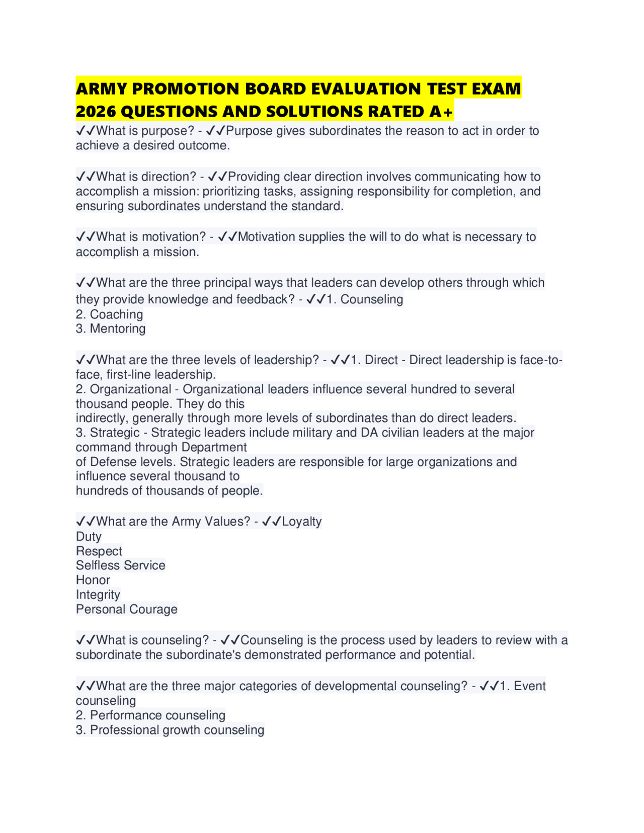 ARMY PROMOTION BOARD EVALUATION TEST EXAM 2026 QUESTIONS AND SOLUTIONS ...