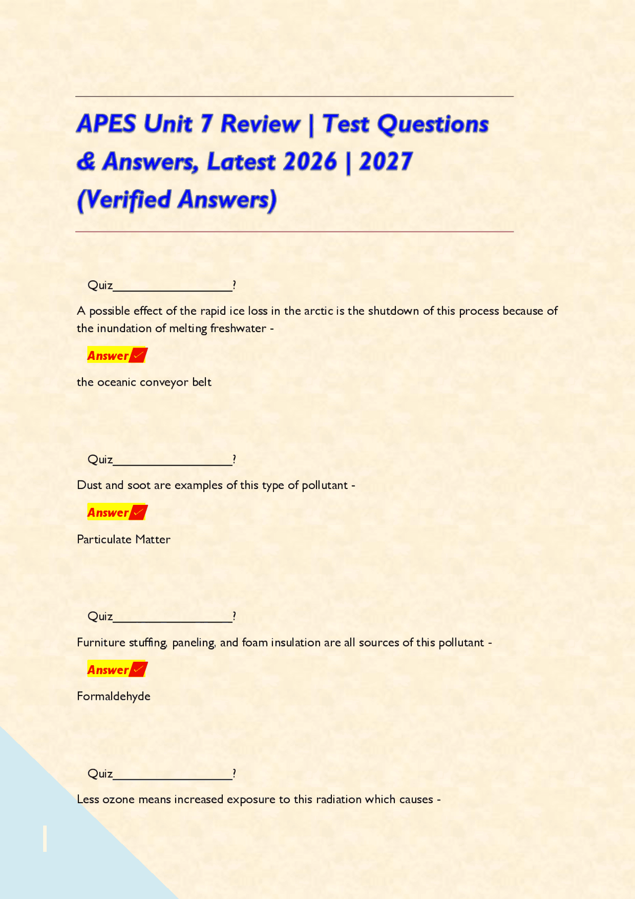 APES Unit 7 Review | Test Questions & Answers, Latest 2026 | 2027 ...