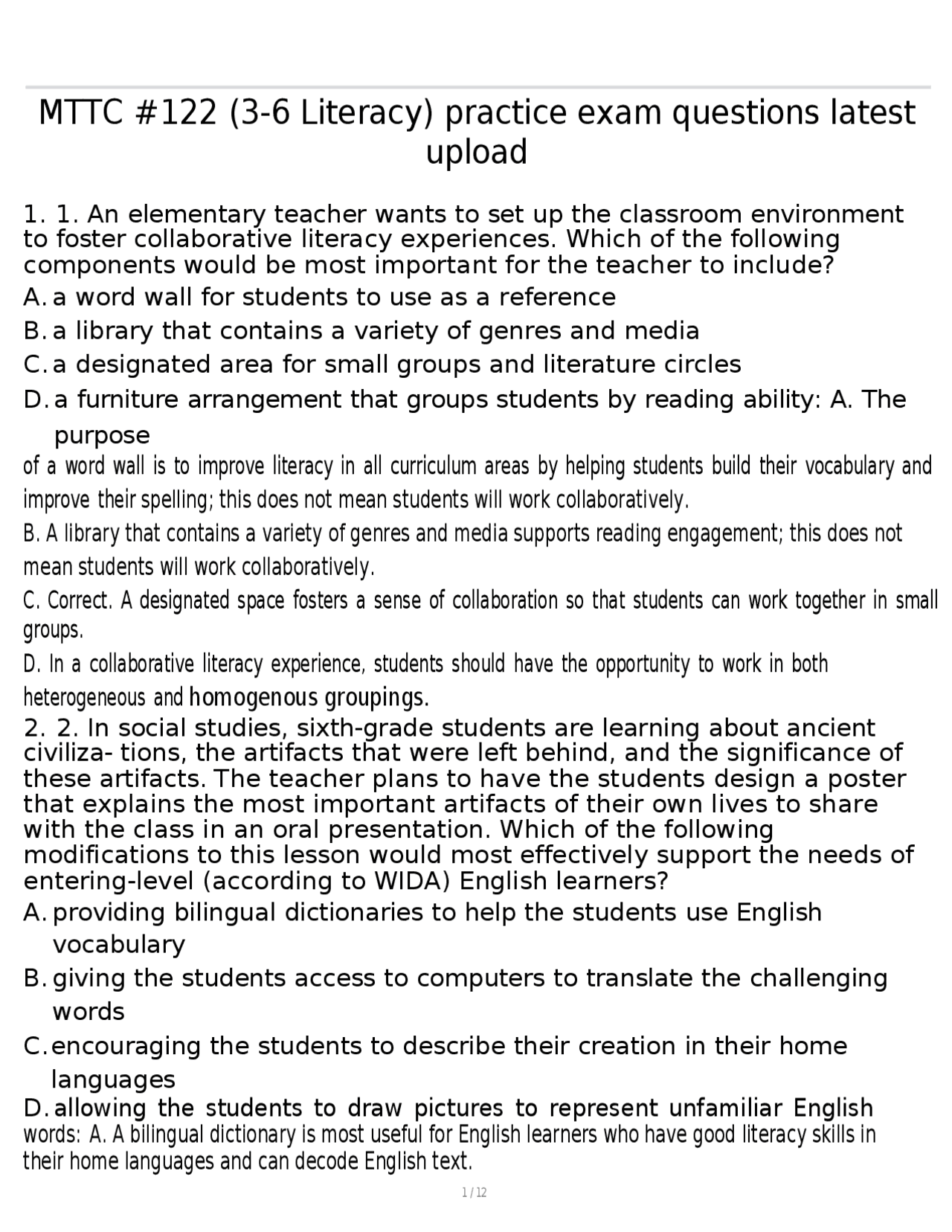 MTTC #122 (3-6 Literacy) practice exam questions latest upload | Exams ...
