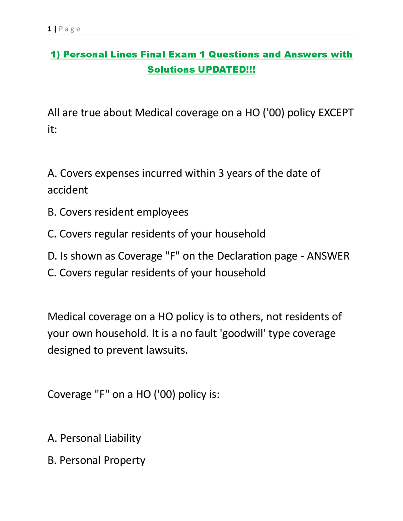 1) Personal Lines Final Exam 1 Questions and Answers with Solutions ...