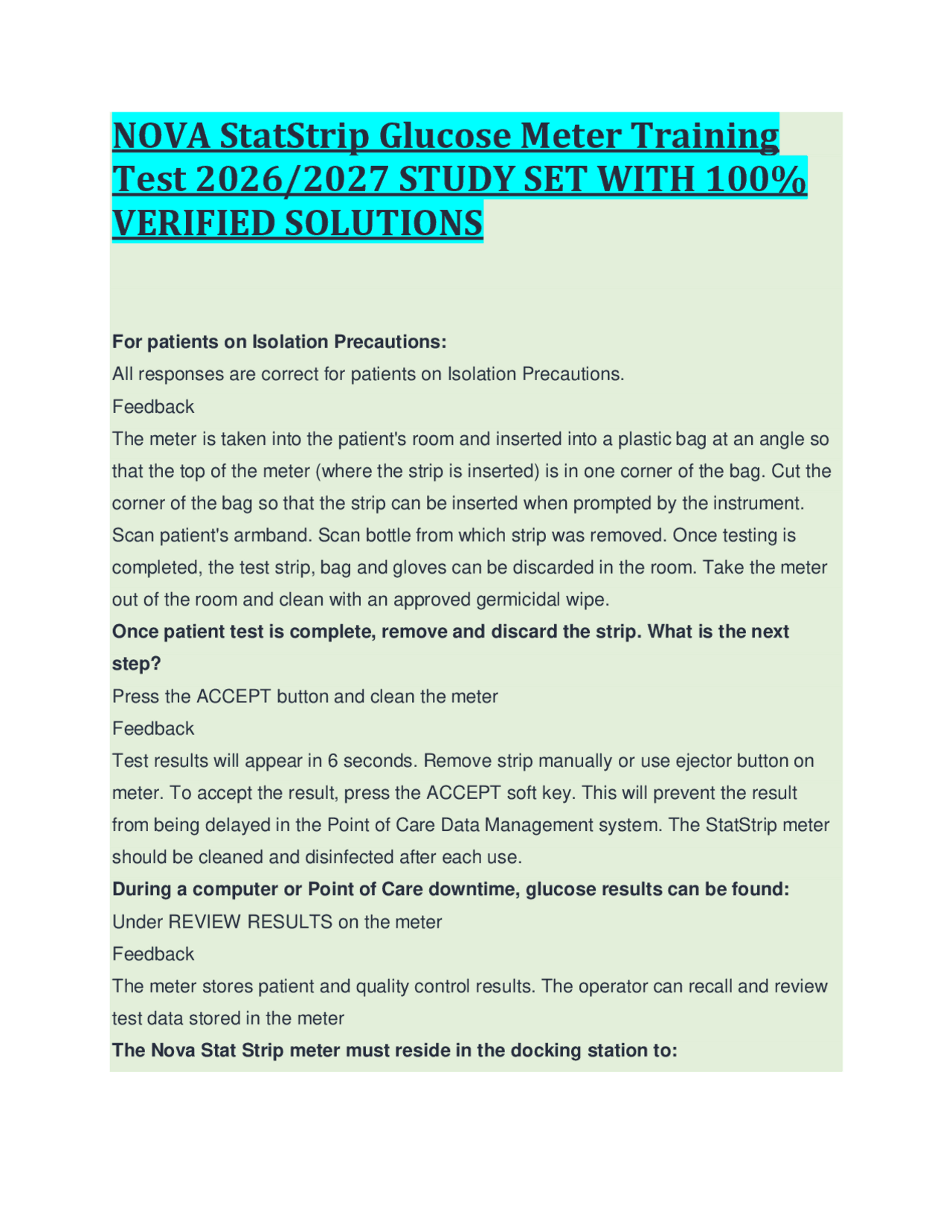 NOVA StatStrip Glucose Meter Training Test 2026/2027 STUDY SET WITH 100 ...