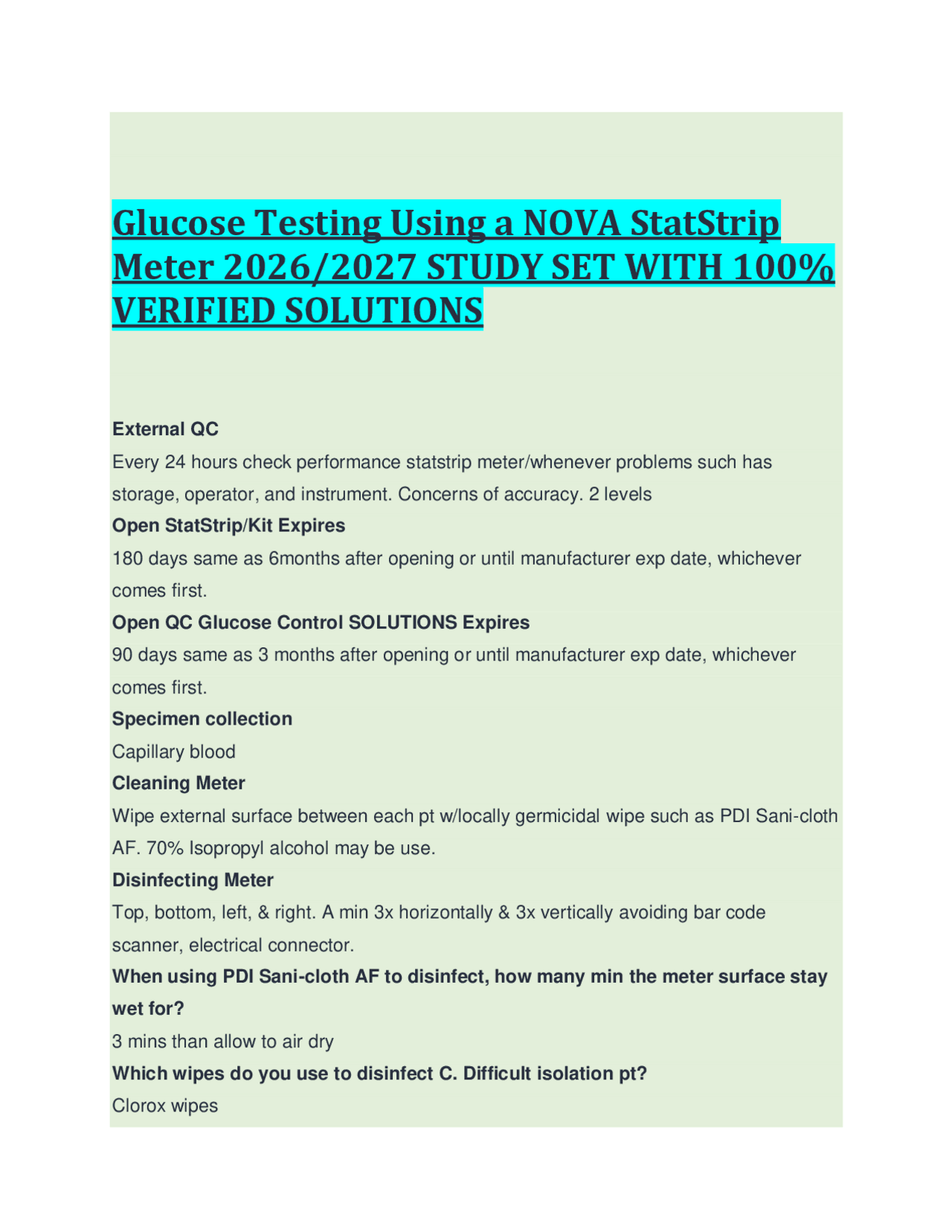 Glucose Testing Using a NOVA StatStrip Meter 2026/2027 STUDY SET WITH ...