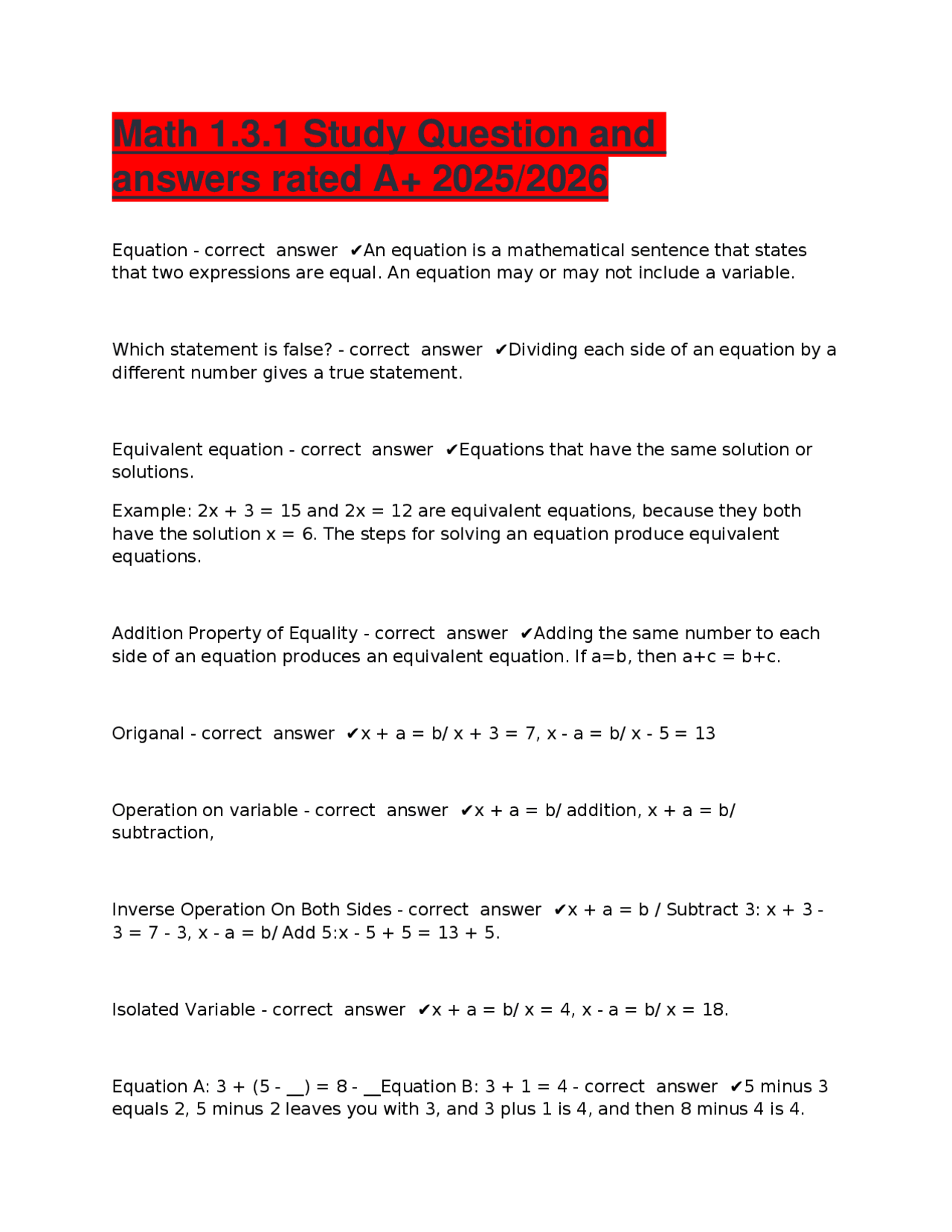 Math 1.3.1 Study Question and answers rated A+ 2025/2026 | Exams ...