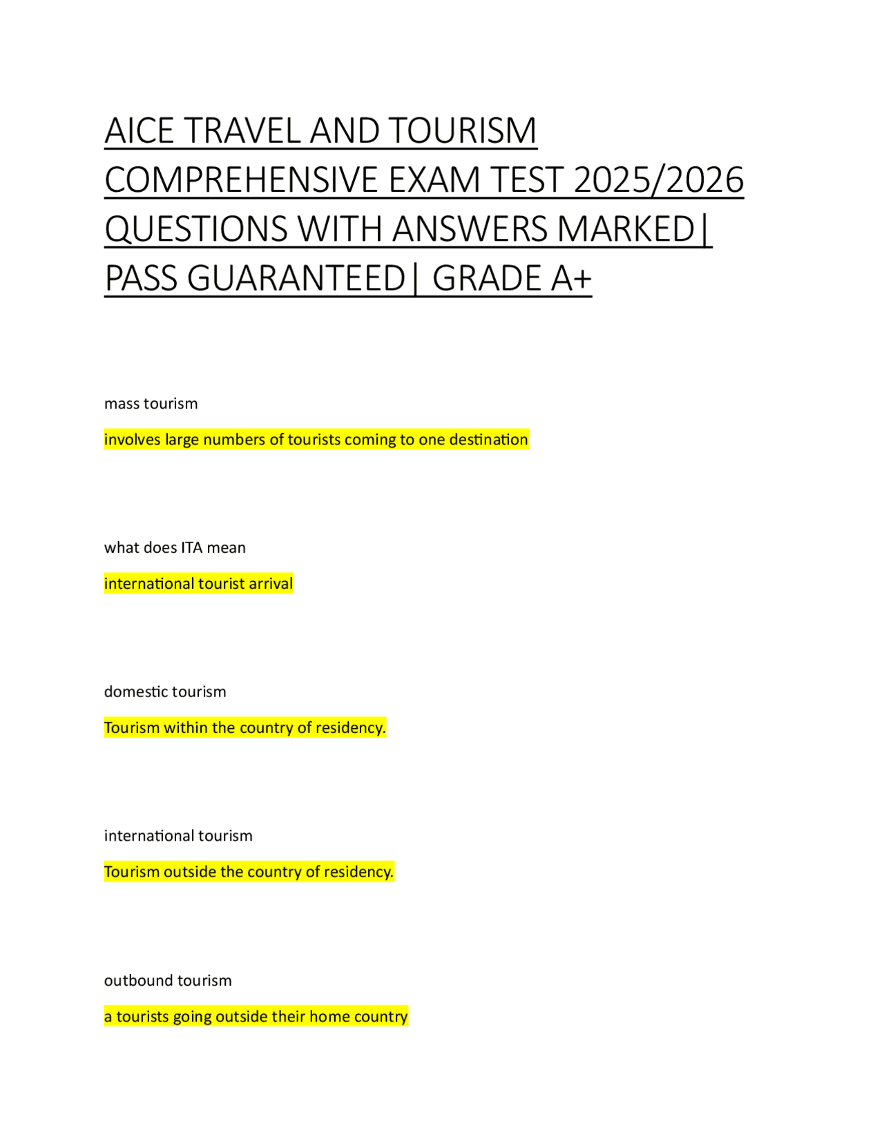 AICE TRAVEL AND TOURISM COMPREHENSIVE EXAM TEST 2025/2026 QUESTIONS ...