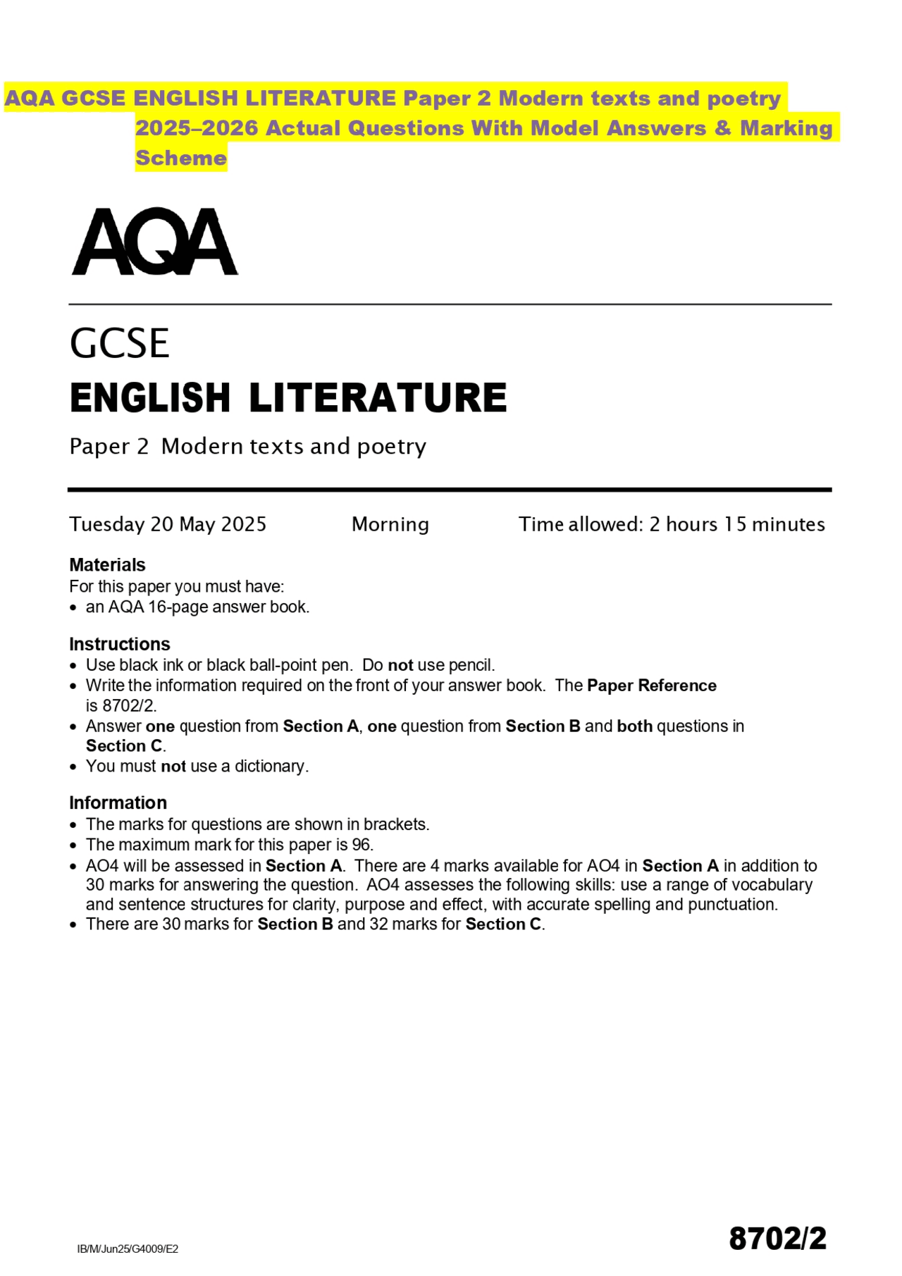 English Literature Paper 2 Help