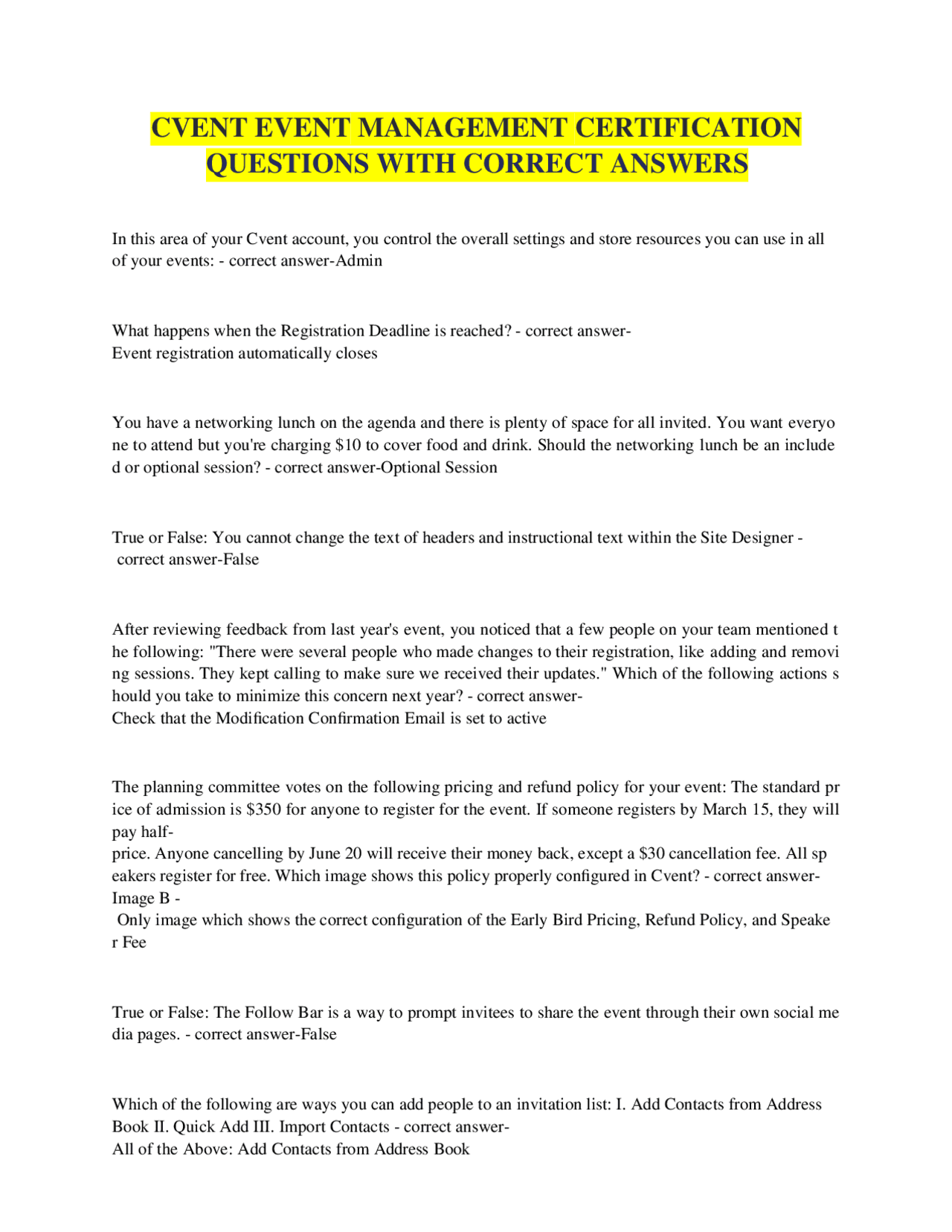 Cvent Event Management Certification Questions with answer 2026 – Rated A+ Guaranteed Pass ...