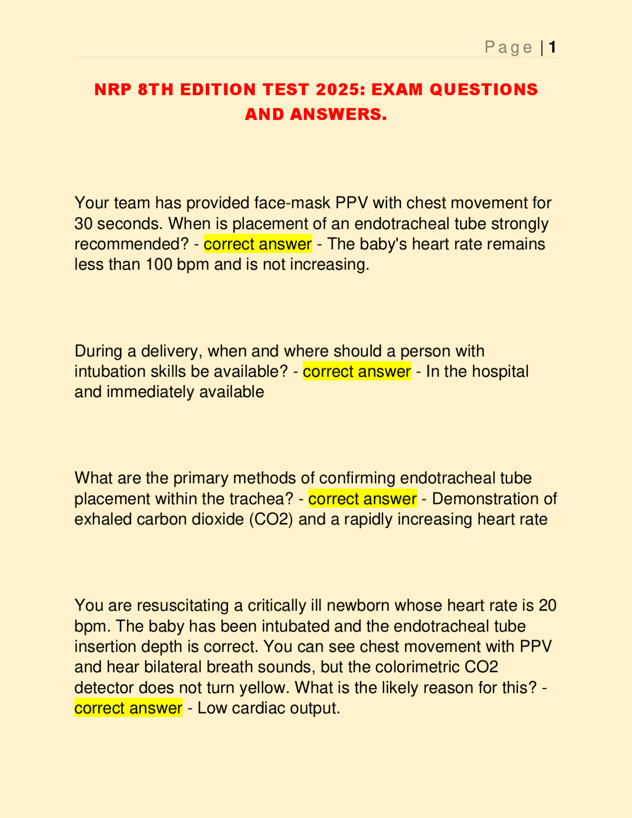 NRP 8TH EDITION TEST 2025: EXAM QUESTIONS AND ANSWERS. | Exams Nursing ...