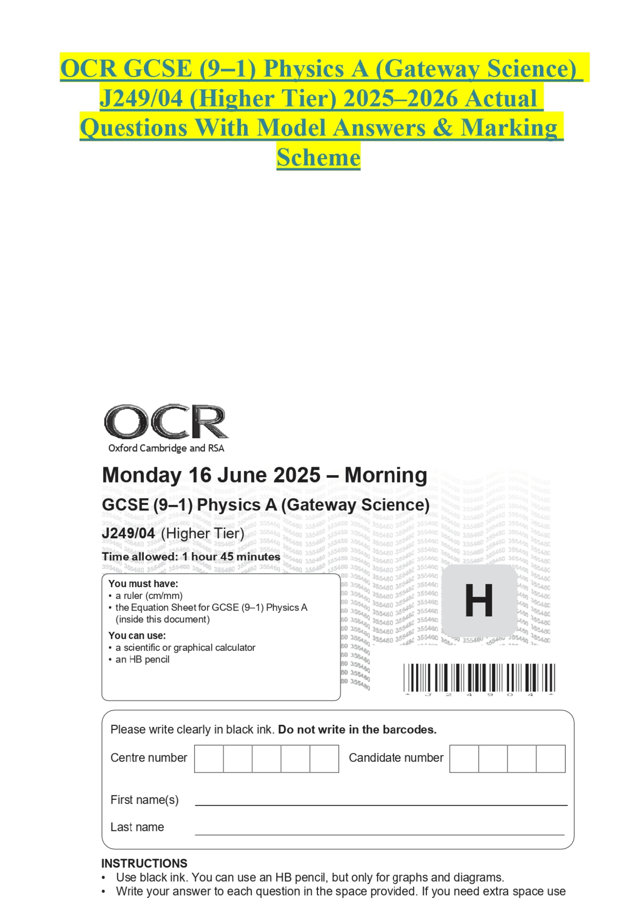 OCR GCSE (9–1) Physics A (Gateway Science) J249/04 (Higher Tier) 2025 ...