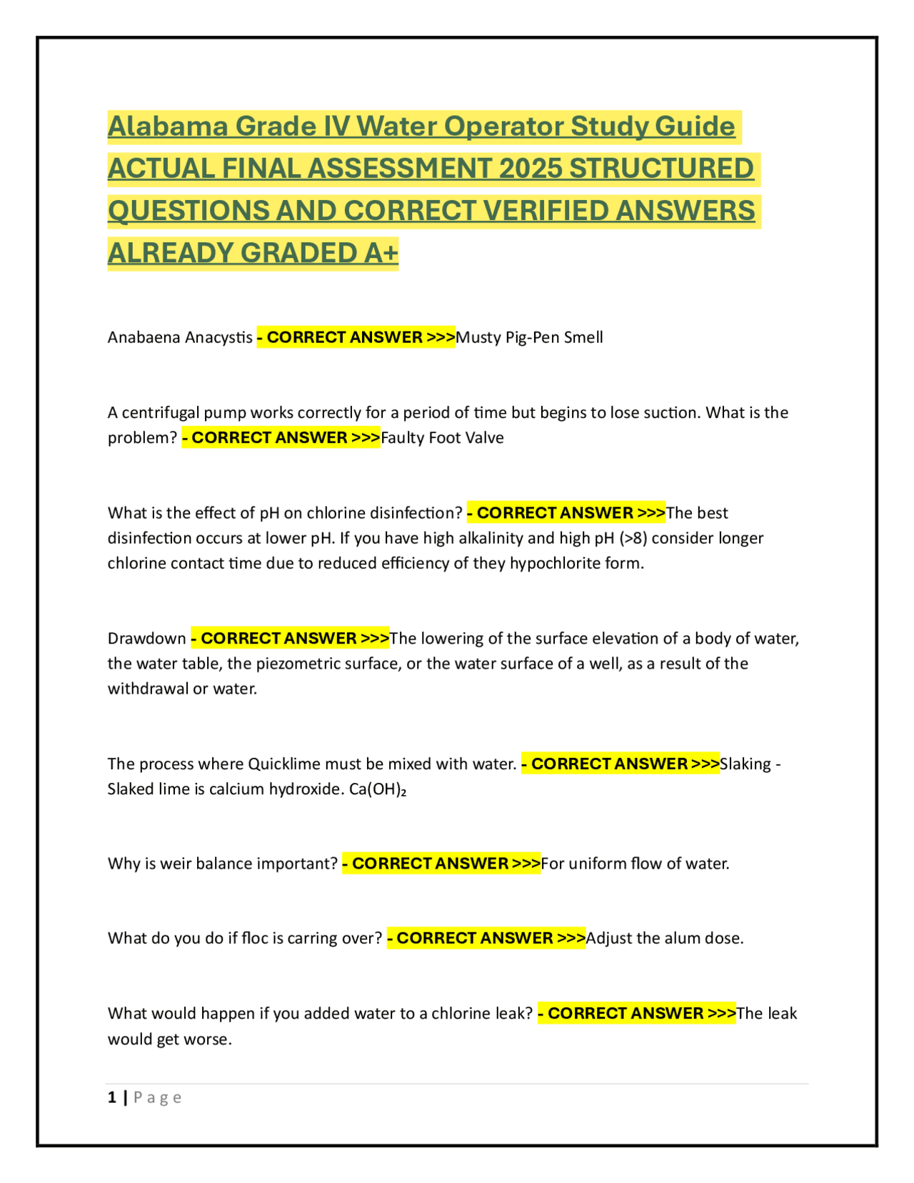 Alabama Grade IV Water Operator Study Guide ACTUAL FINAL ASSESSMENT ...
