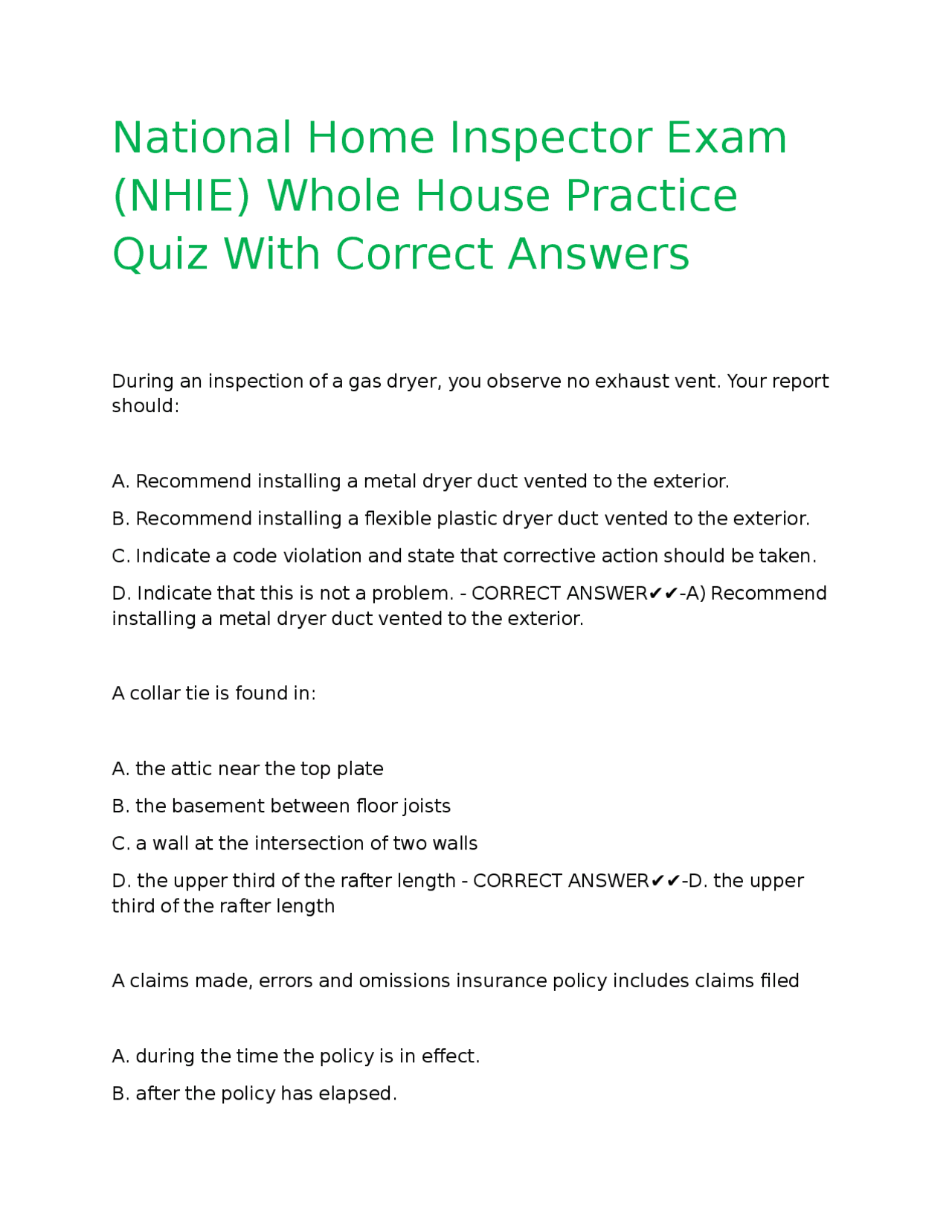 National Home Inspector Exam (NHIE) Whole House Practice Quiz With ...