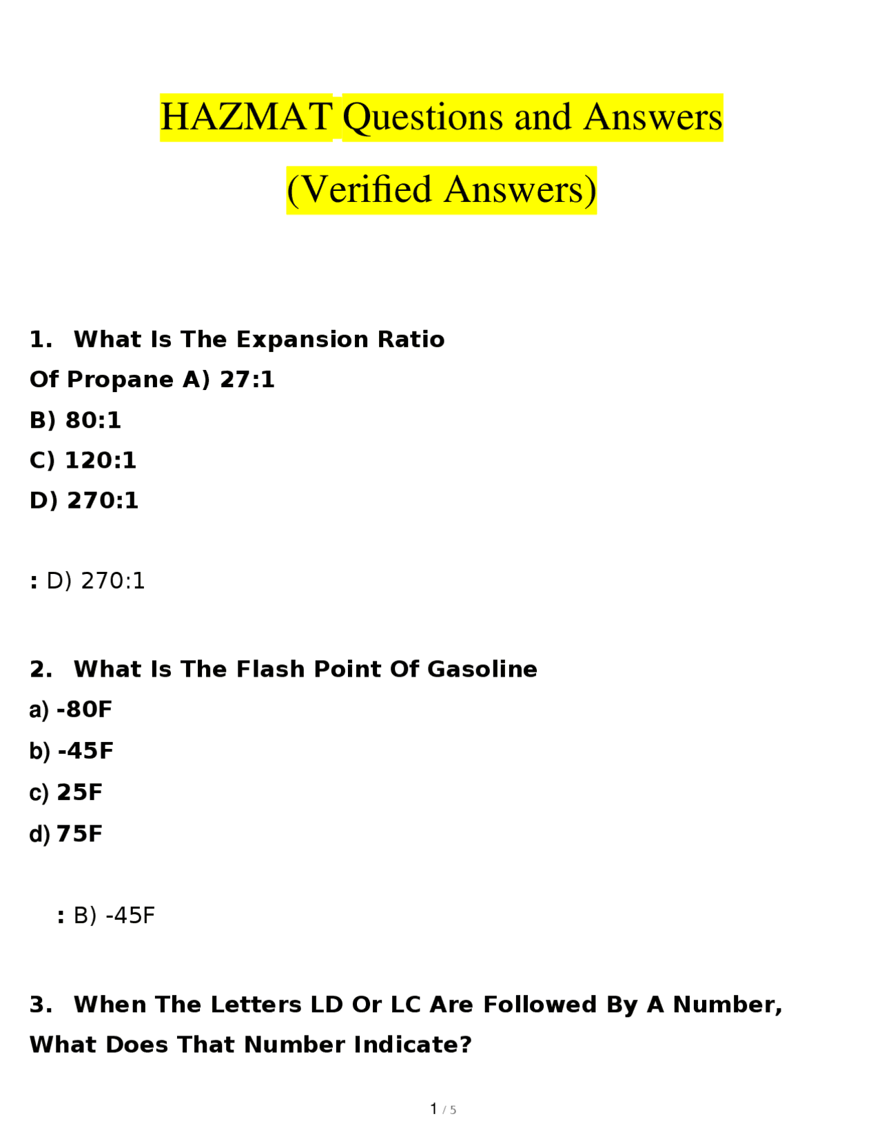 HAZMAT Questions & Answers (Verified Answers) | Exams Transportation ...