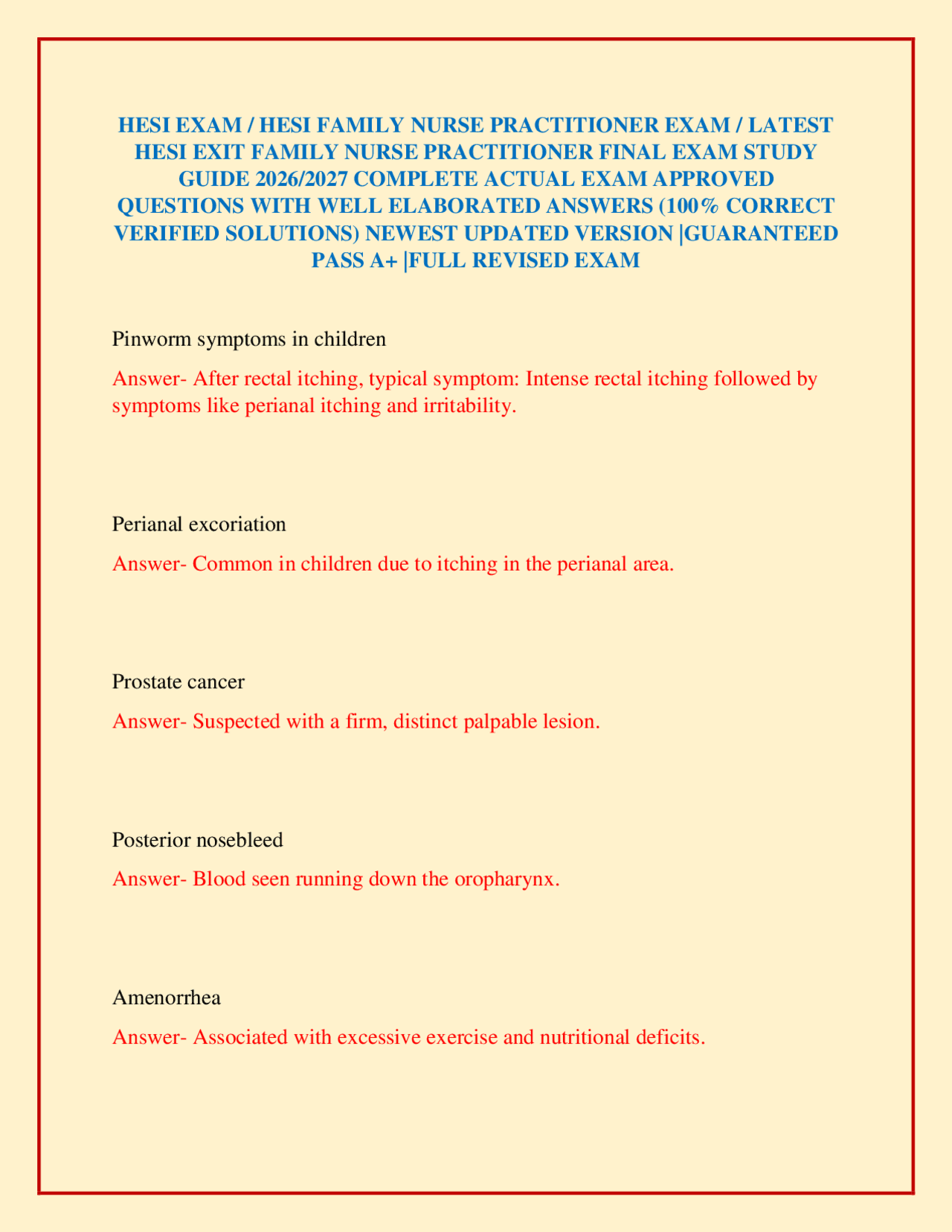 HESI EXAM / HESI FAMILY NURSE PRACTITIONER EXAM / LATEST HESI EXIT ...