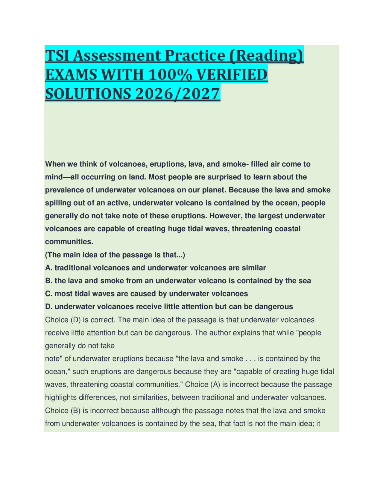 TSI Assessment Practice (Reading) EXAMS WITH 100% VERIFIED SOLUTIONS ...
