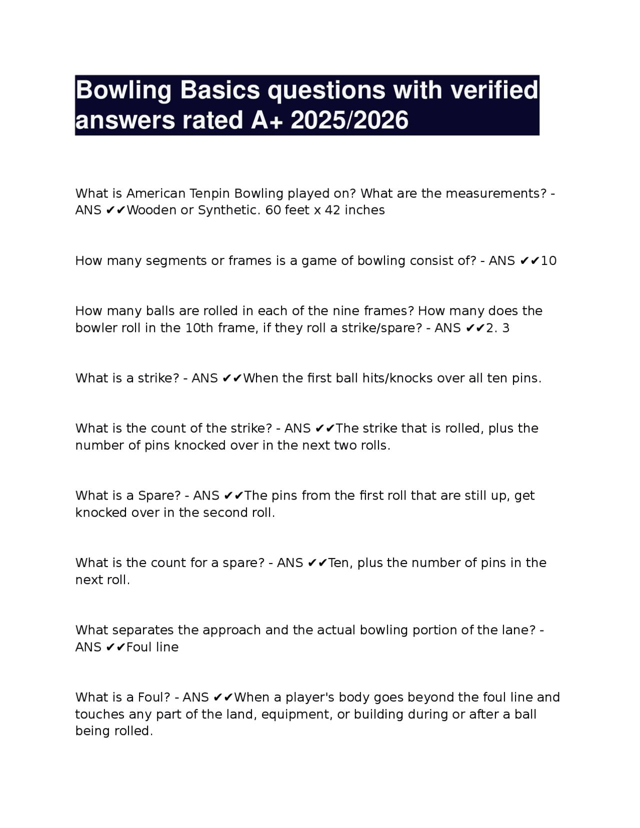 Bowling Basics questions with verified answers rated A+ 2025-2026-3 ...