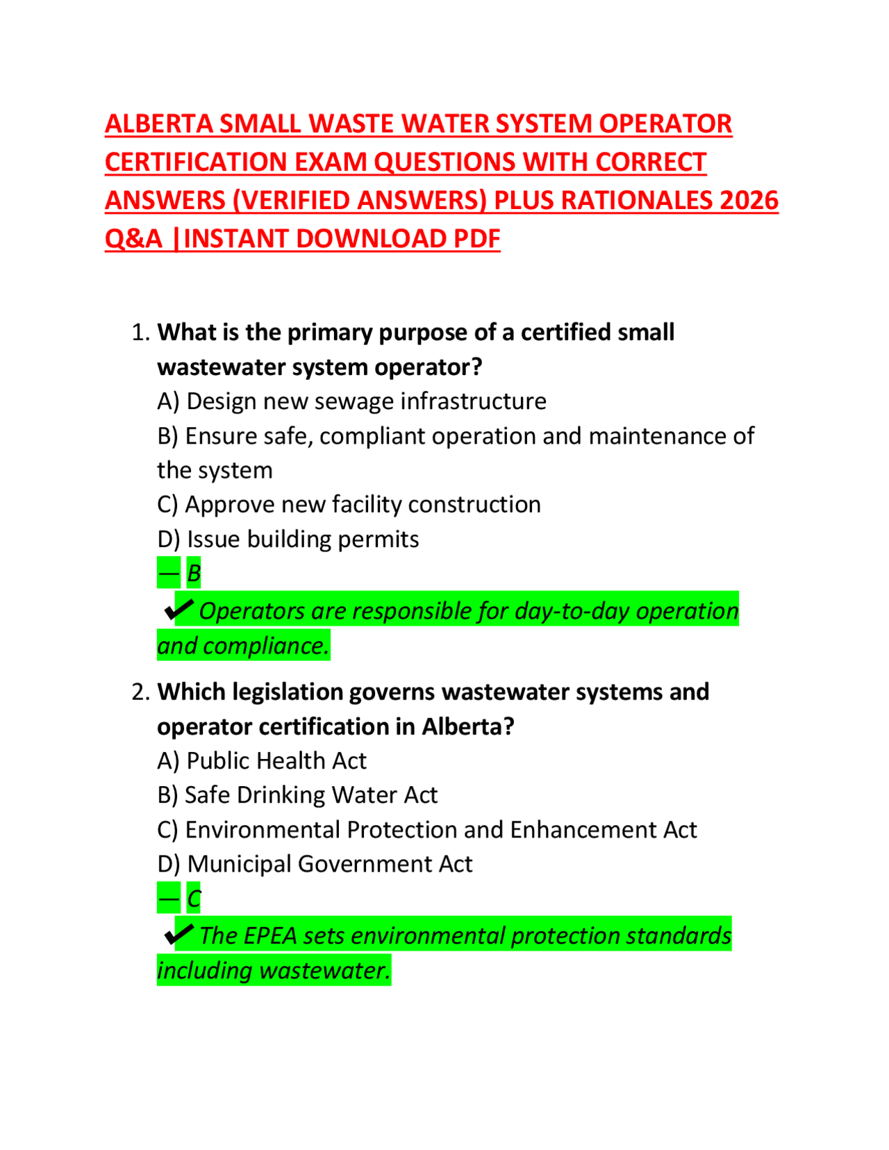 Alberta Small Wastewater System Operator Certification Exam Practice ...