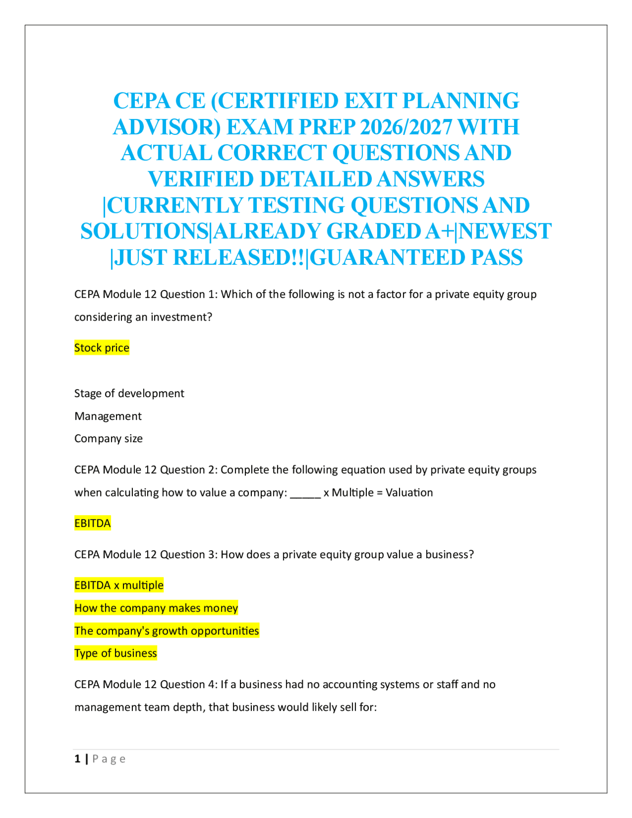CEPA CE (CERTIFIED EXIT PLANNING ADVISOR) EXAM PREP 2026/2027 | Exams ...