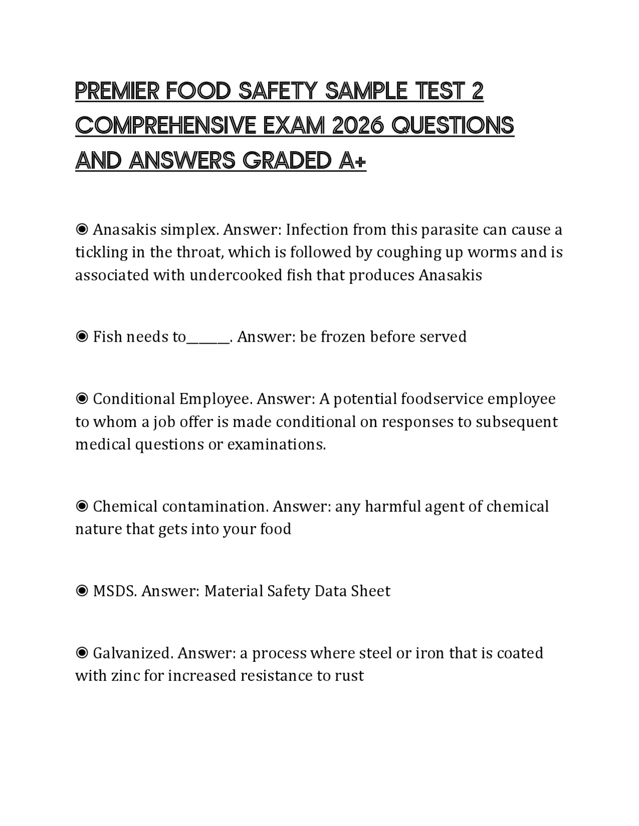 PREMIER FOOD SAFETY SAMPLE TEST 2 COMPREHENSIVE EXAM 2026 QUESTIONS AND ...