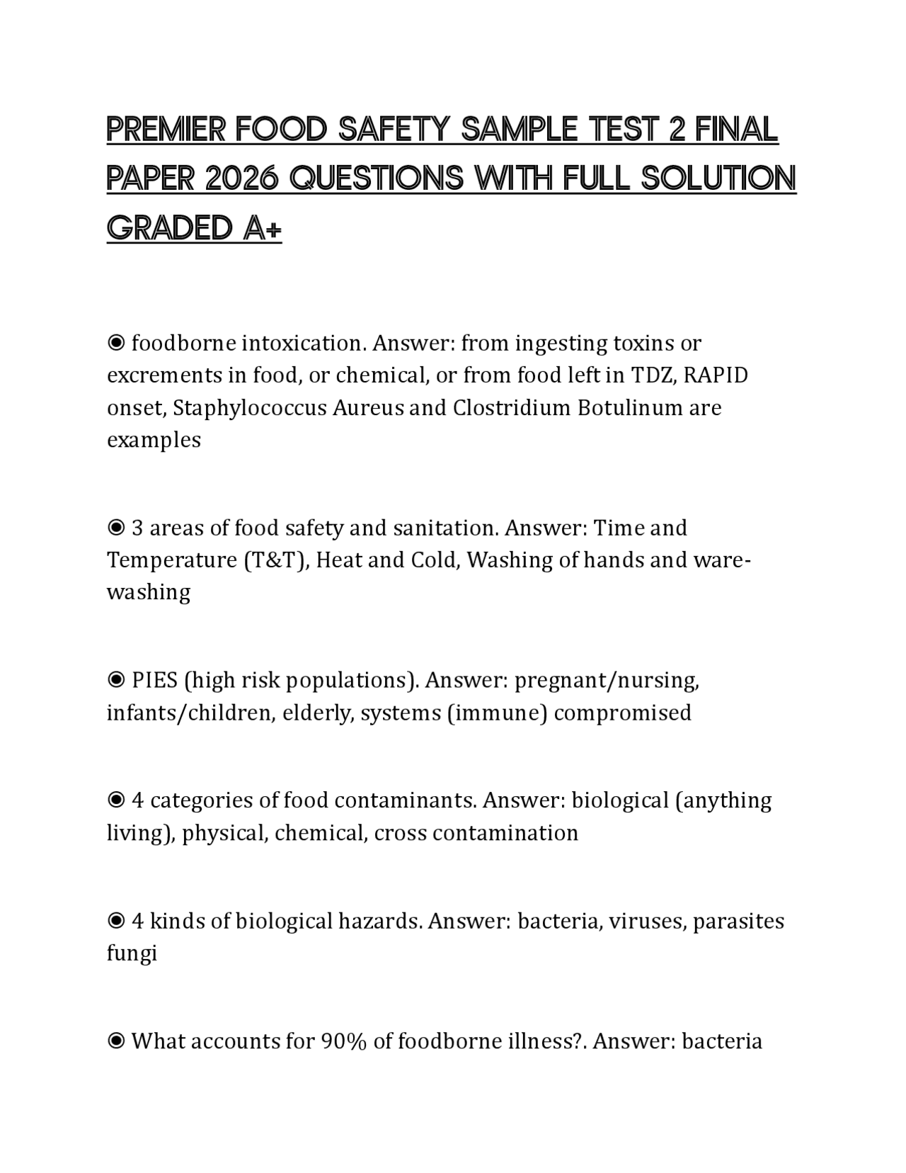PREMIER FOOD SAFETY SAMPLE TEST 2 FINAL PAPER 2026 QUESTIONS WITH FULL ...