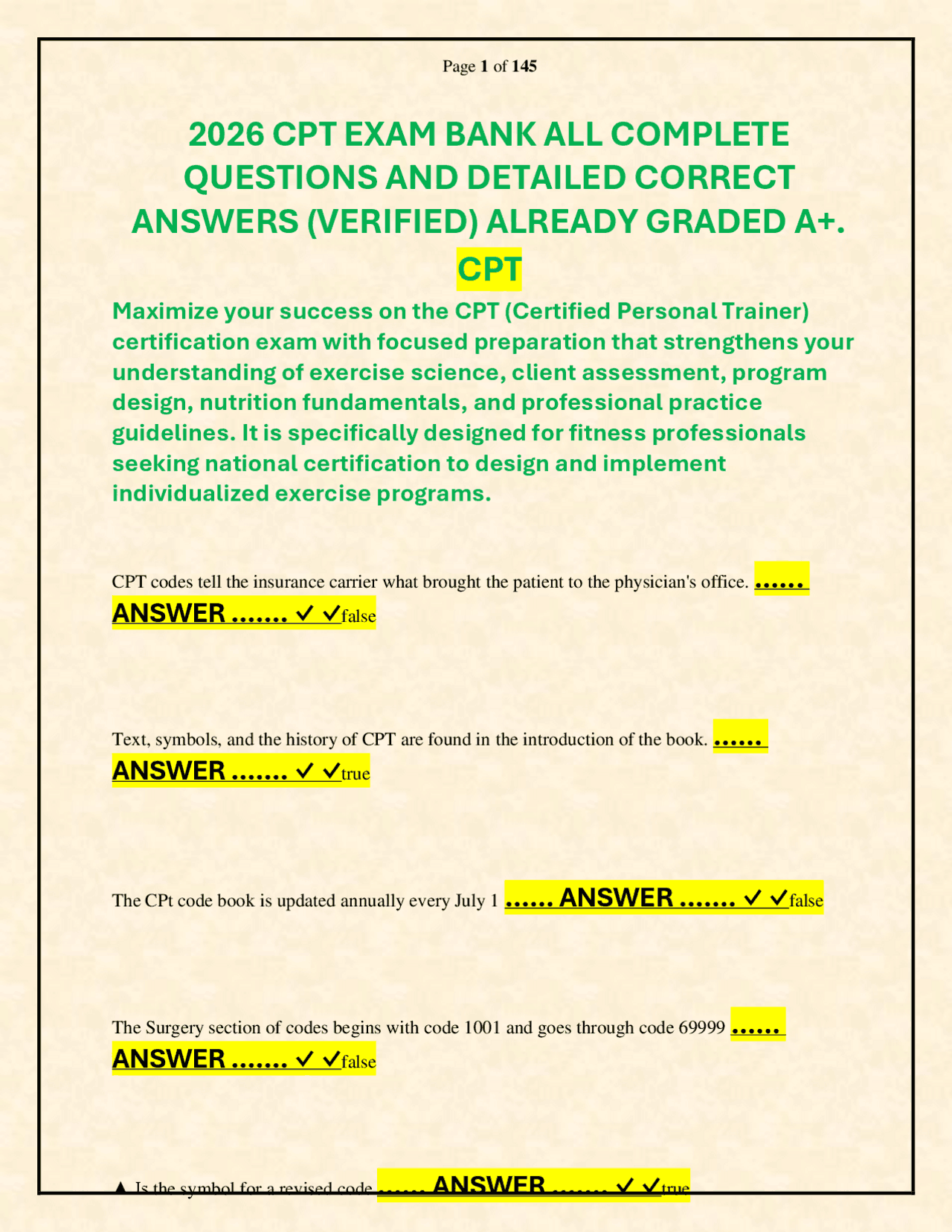 2026 CPT EXAM QUESTION AND ANSWER | Exams Personal Health | Docsity
