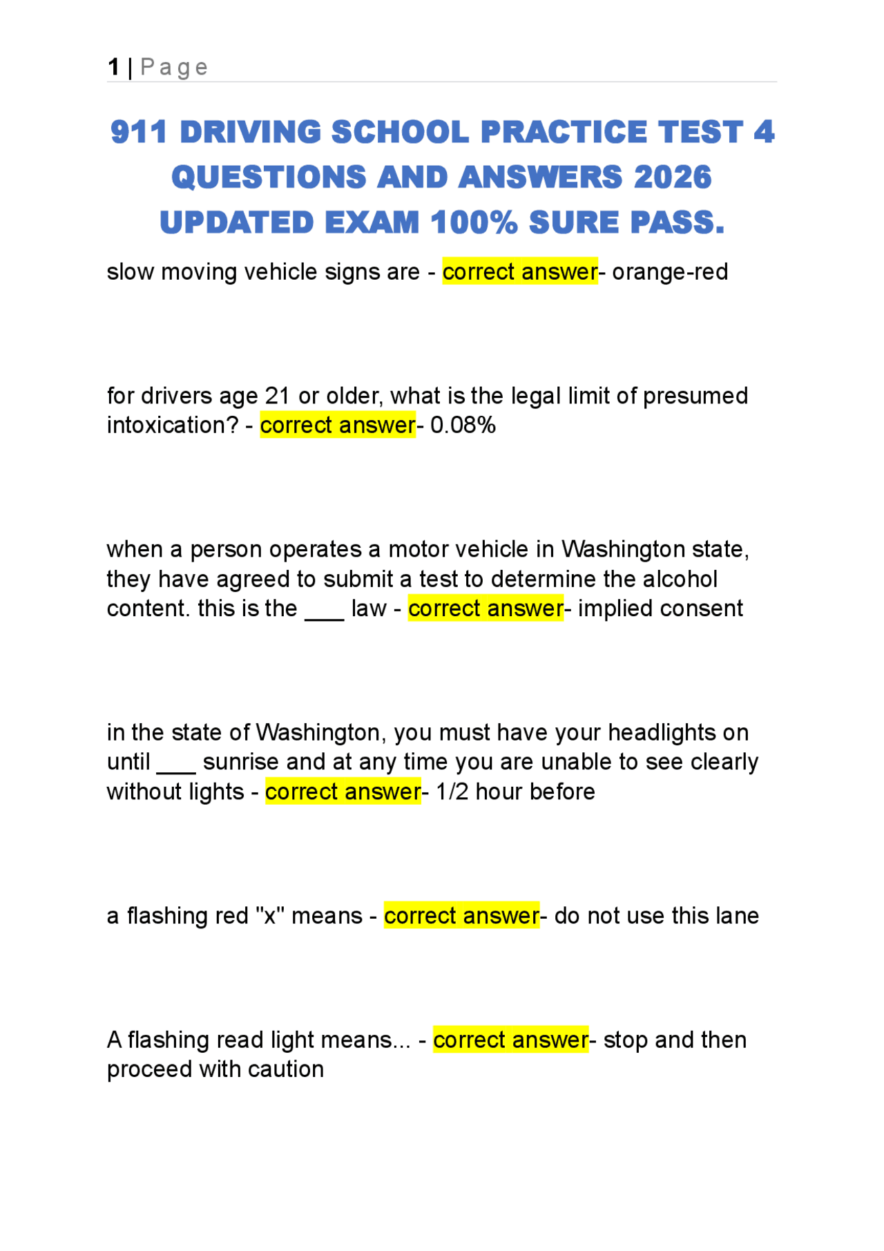 911 DRIVING SCHOOL PRACTICE TEST 4 QUESTIONS AND ANSWERS 2026 UPDATED ...